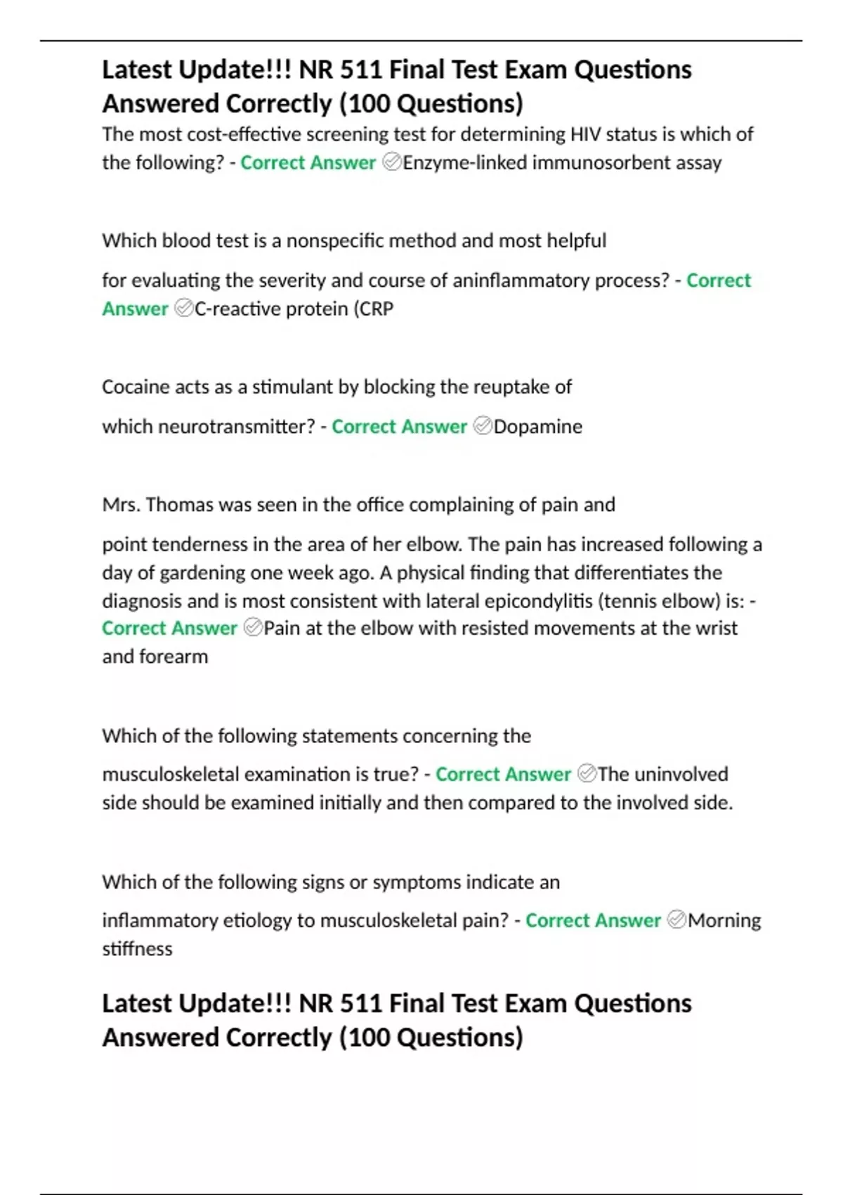 Latest Update!!! NR 511 Final Test Exam Questions Answered Correctly ...