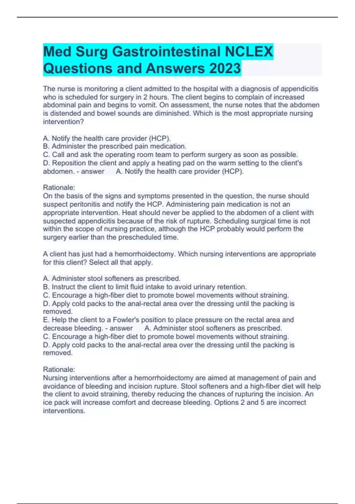 Med Surg Gastrointestinal NCLEX Questions and Answers 2023 - GI ...