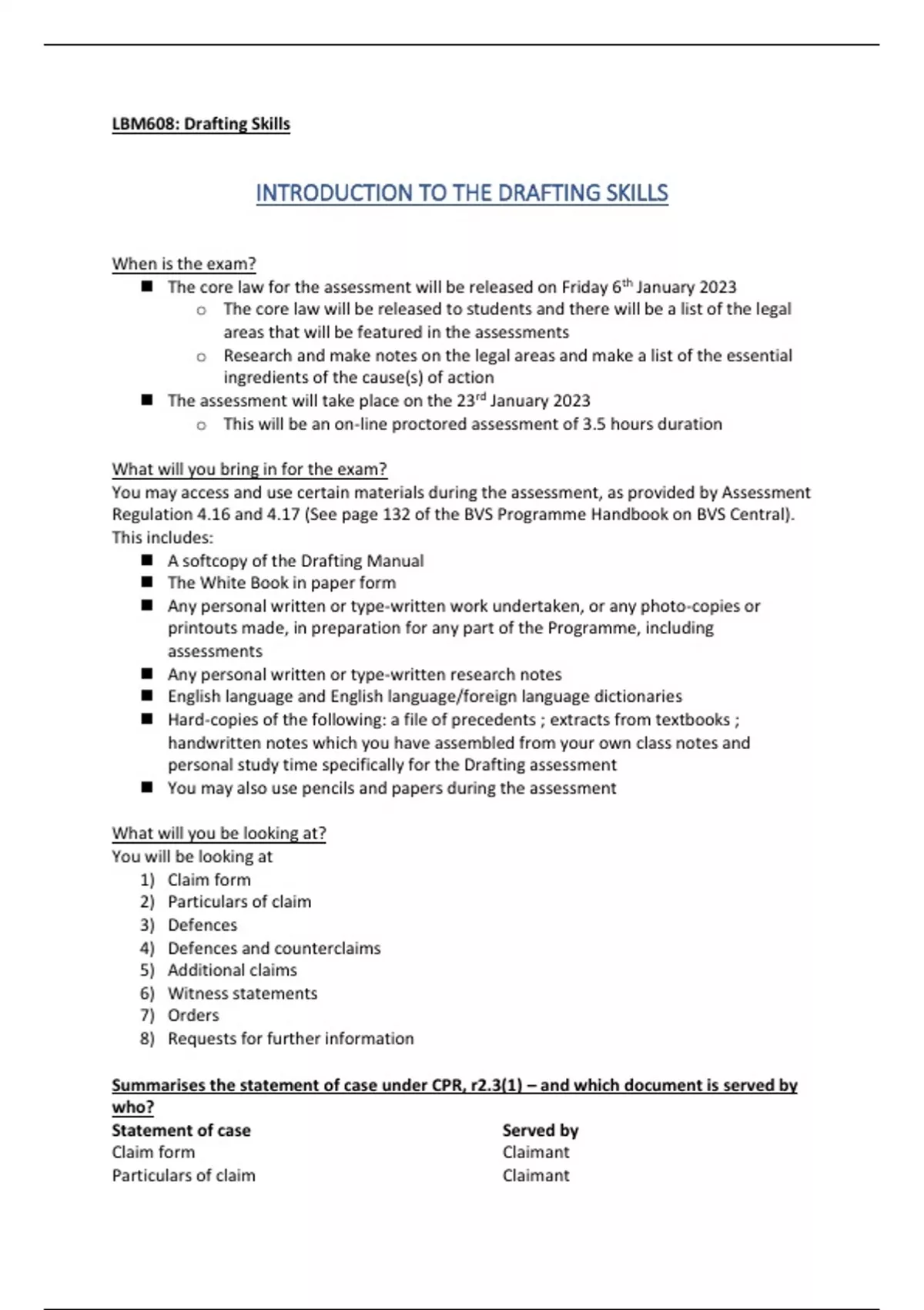 Summary Drafting - Bar Exam Full Notes - Drafting (LBM608) - Stuvia UK