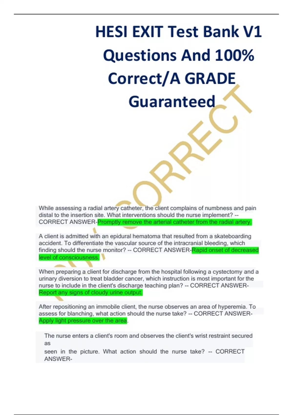 HESI EXIT Test Bank V1 Questions And 100% Correct/A GRADE Guaranteed ...