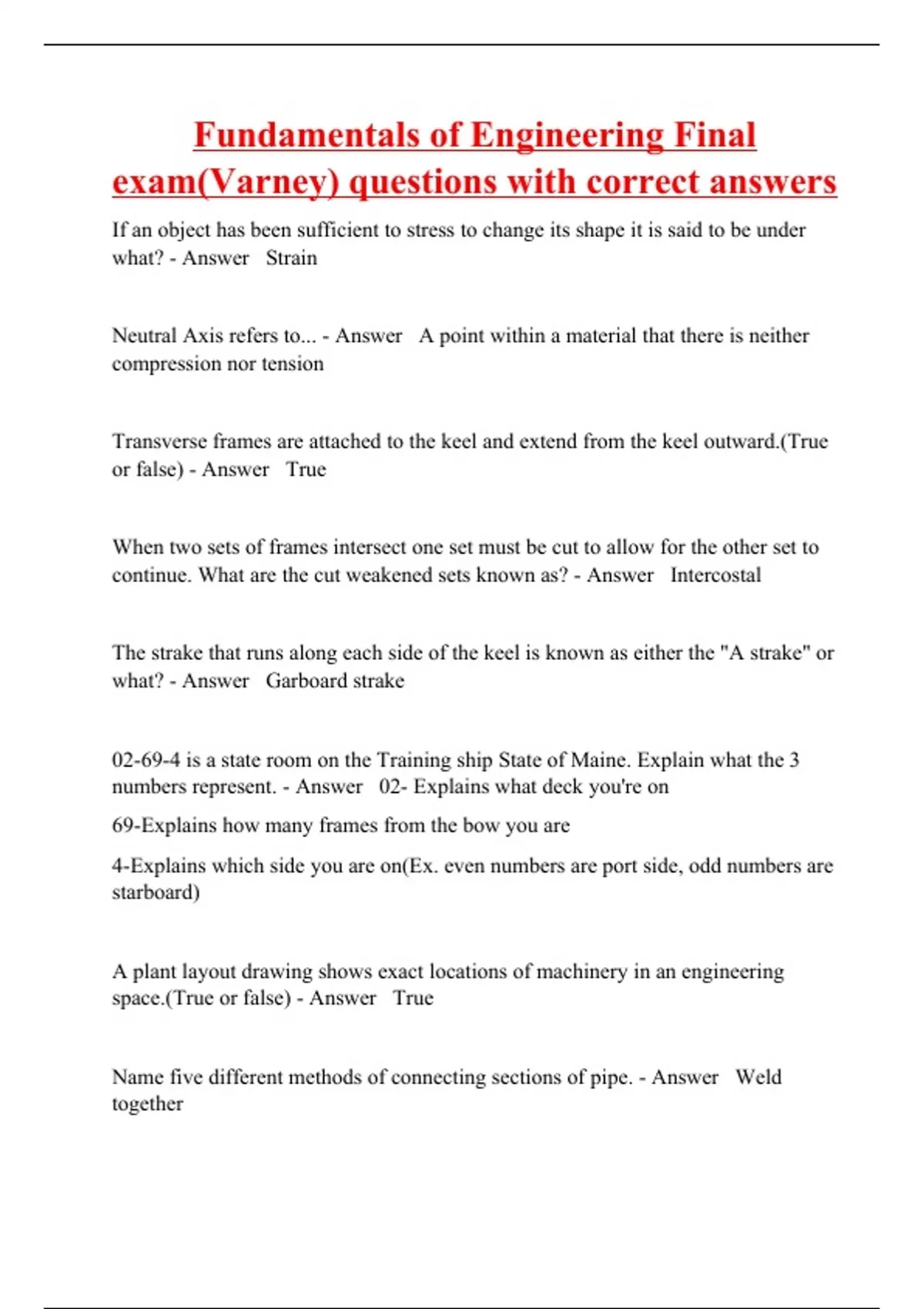 Fundamentals of Engineering Final exam(Varney) questions with correct ...