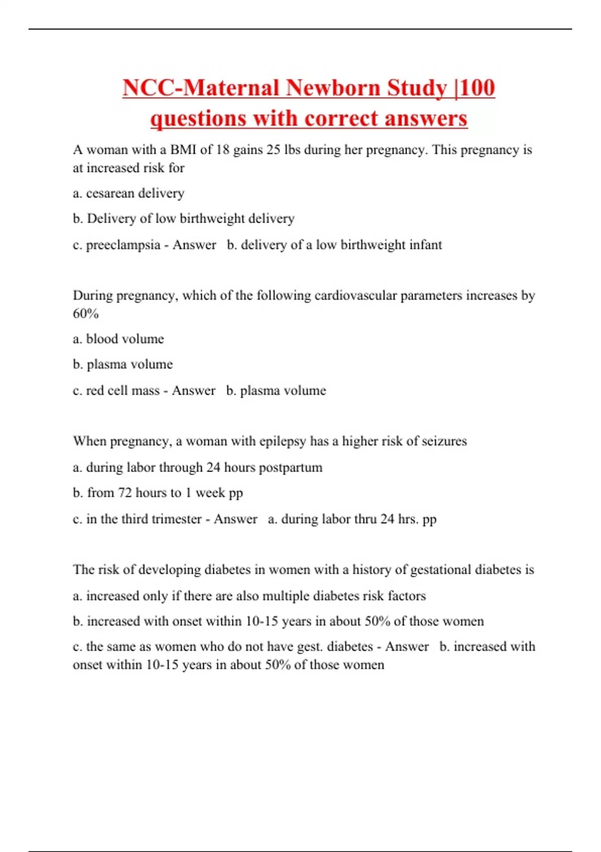 NCC-Maternal Newborn Study |100 questions with correct answers - Ncc ...