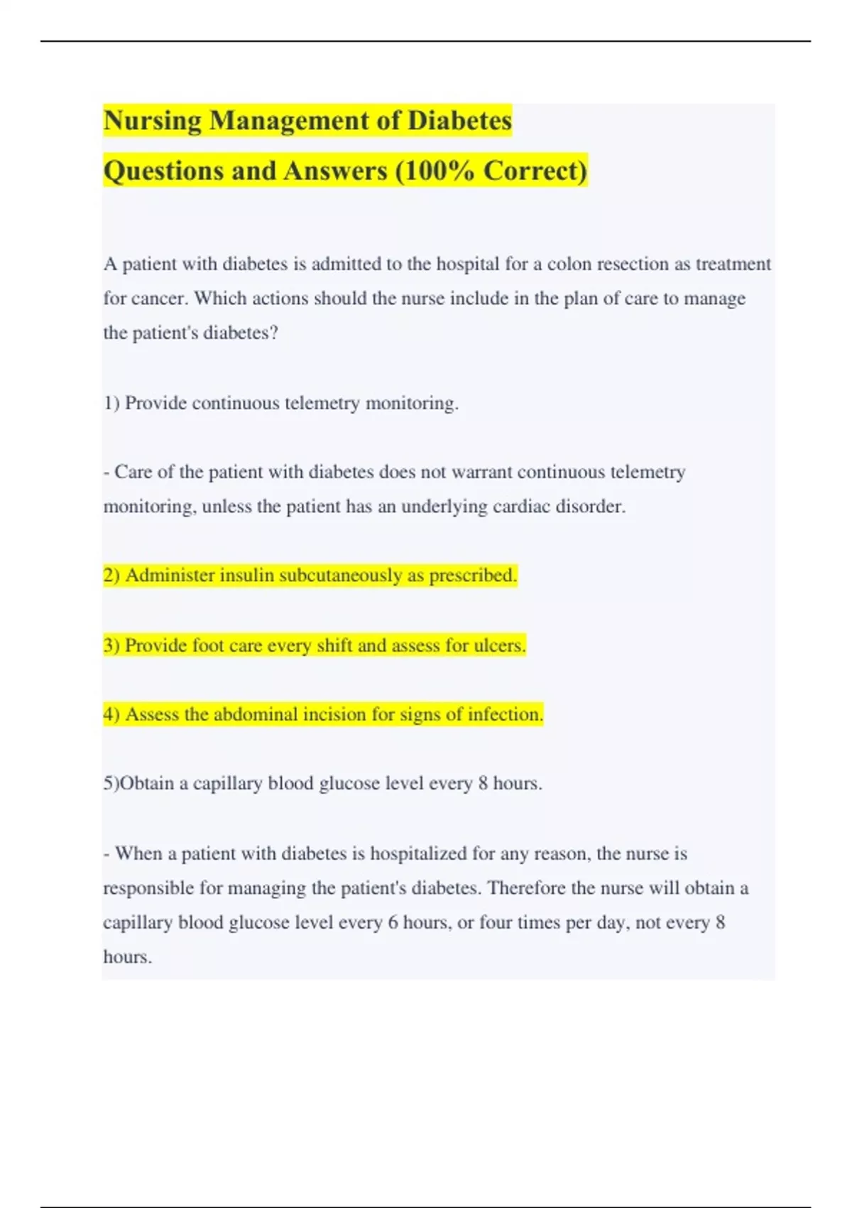 Nursing Management of Diabetes Questions and Answers (100% Correct ...