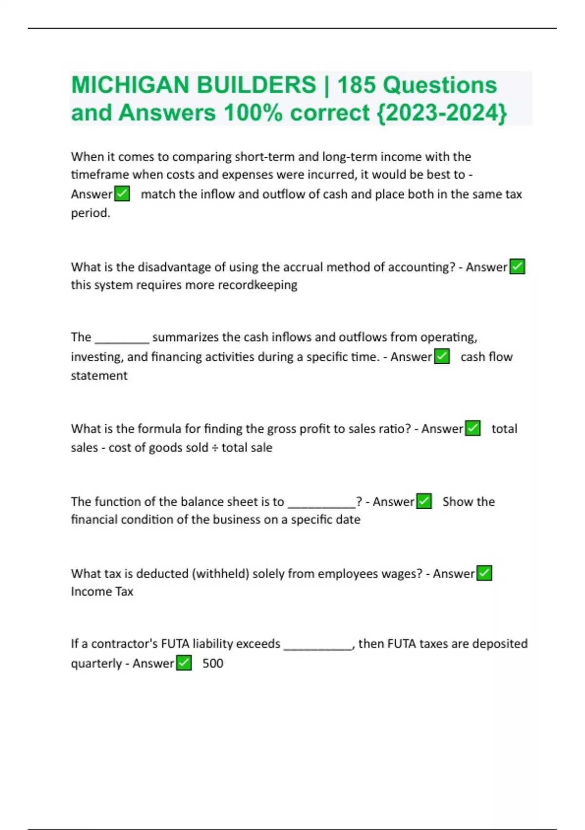 MICHIGAN BUILDERS | 185 Questions and Answers 100% correct ...