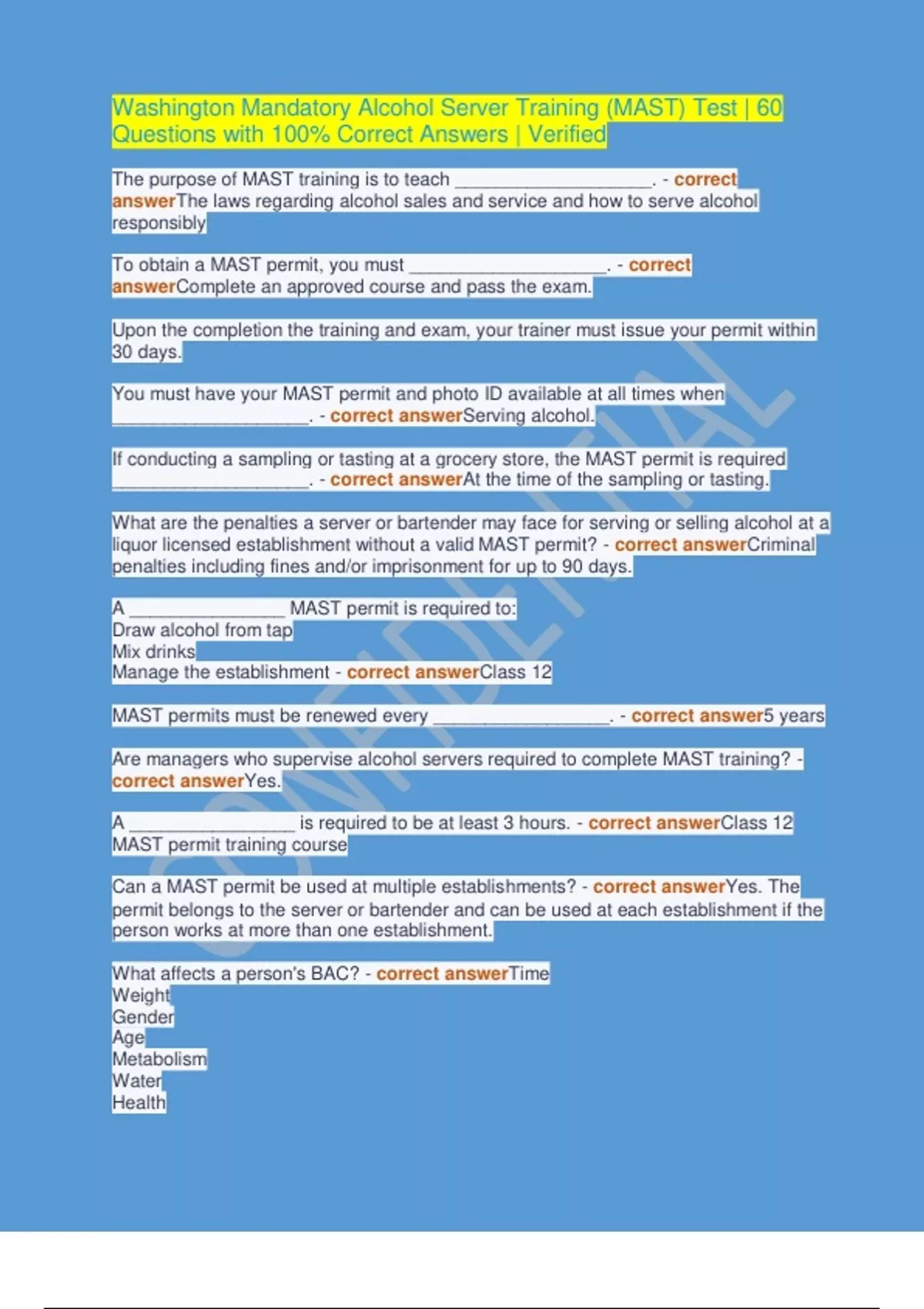 Washington Mandatory Alcohol Server Training (MAST) Test Questions with ...