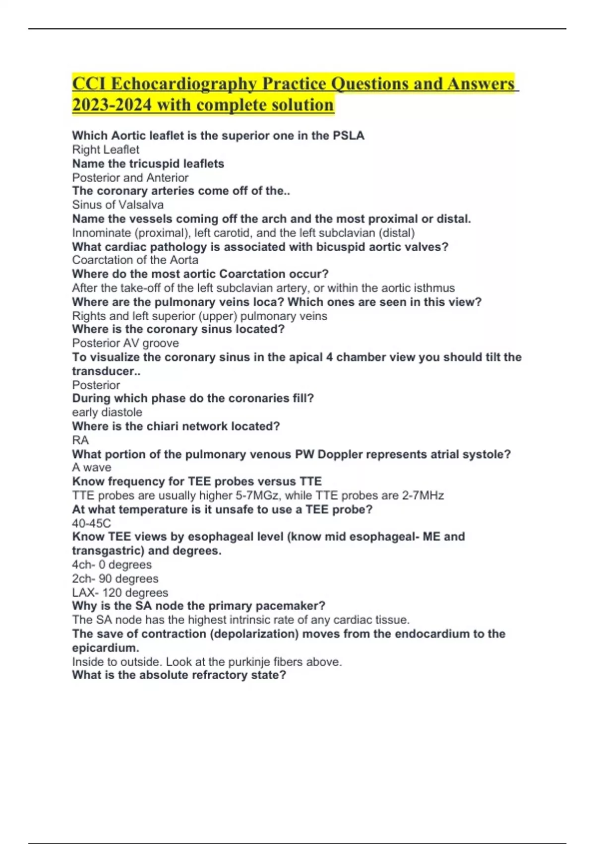 CCI Echocardiography Practice Questions and Answers with complete ...