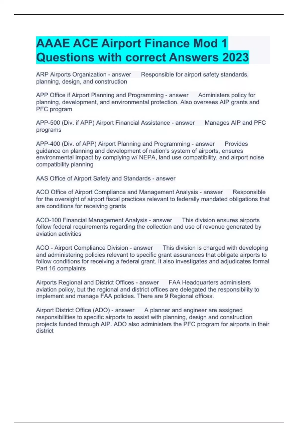 AAAE ACE Airport Finance Mod 1 Questions with correct Answers 2023 ...