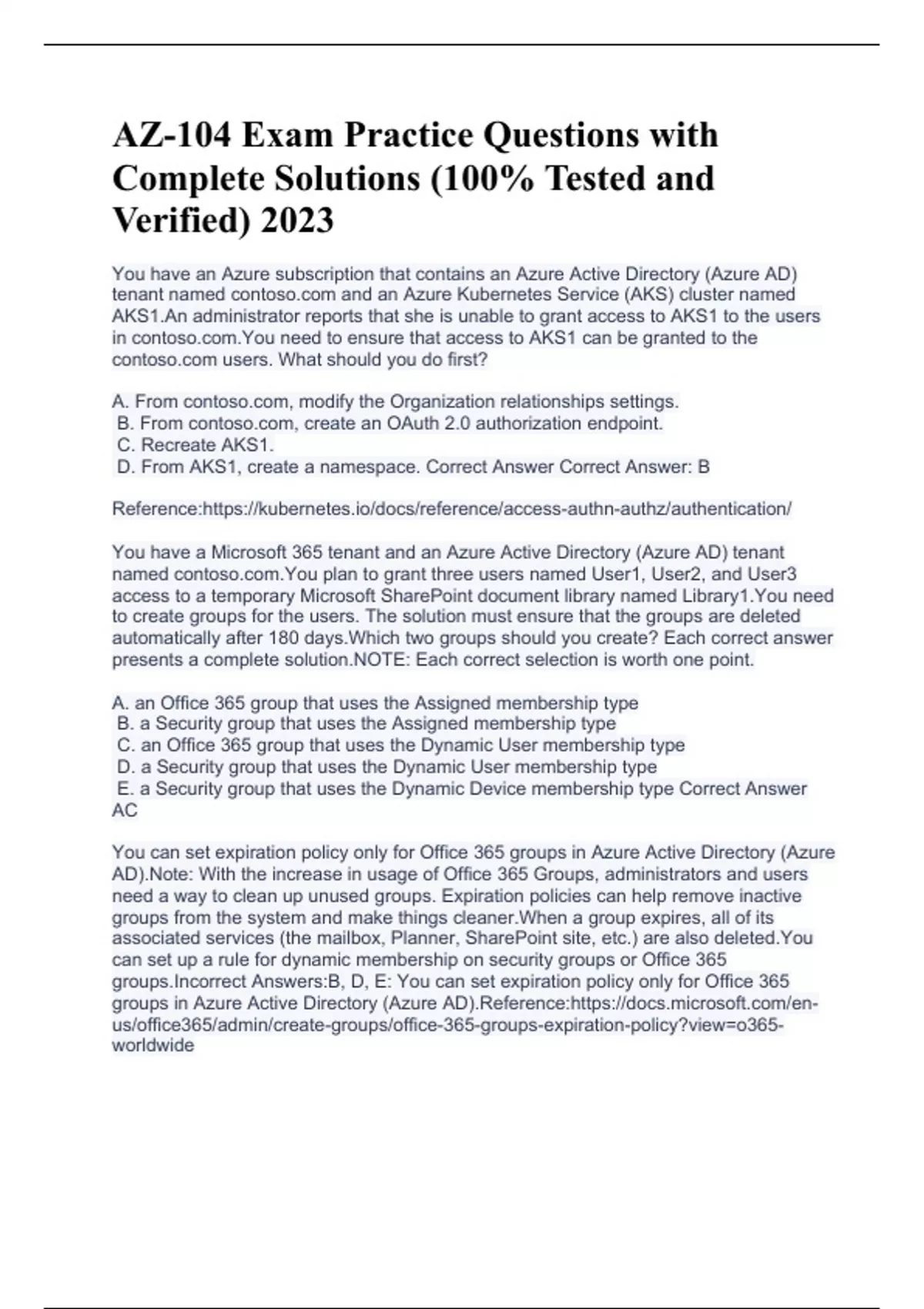 AZ-104 Exam Practice Questions with Complete Solutions (100% Tested and ...