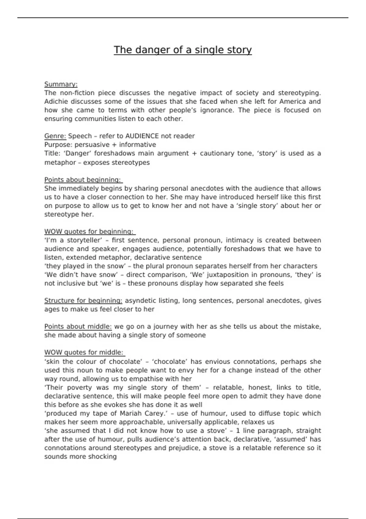 Summary The Danger Of A Single Story Grade 9 GCSE Revision Notes Summary The Danger Of A Single Story Grade 9 GCSE Revision Notes