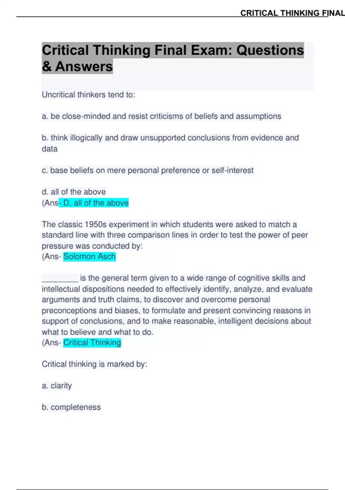 Critical Thinking Final Exam: Questions & Answers: Latest Updated A+ ...