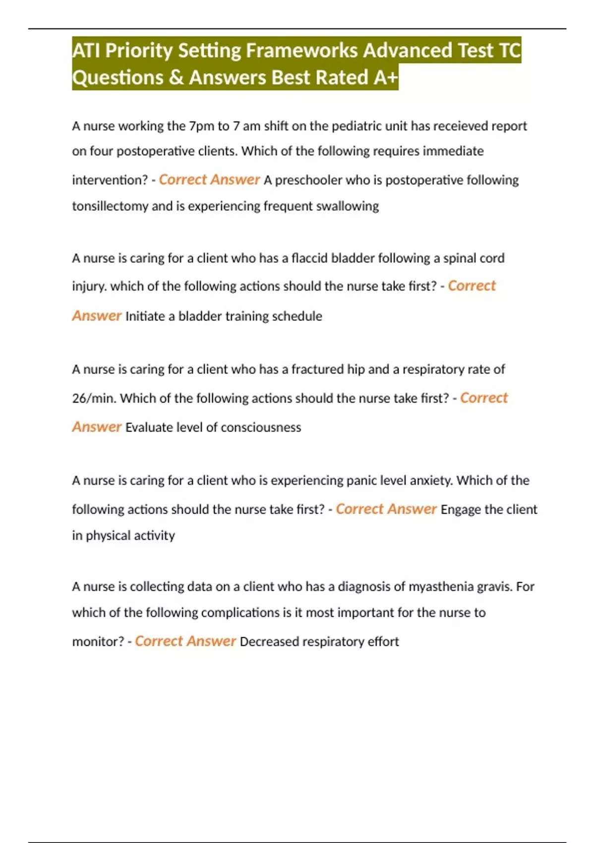 Ati Priority Setting Frameworks Advanced Test Tc Questions And Answers Best Rated A Ati