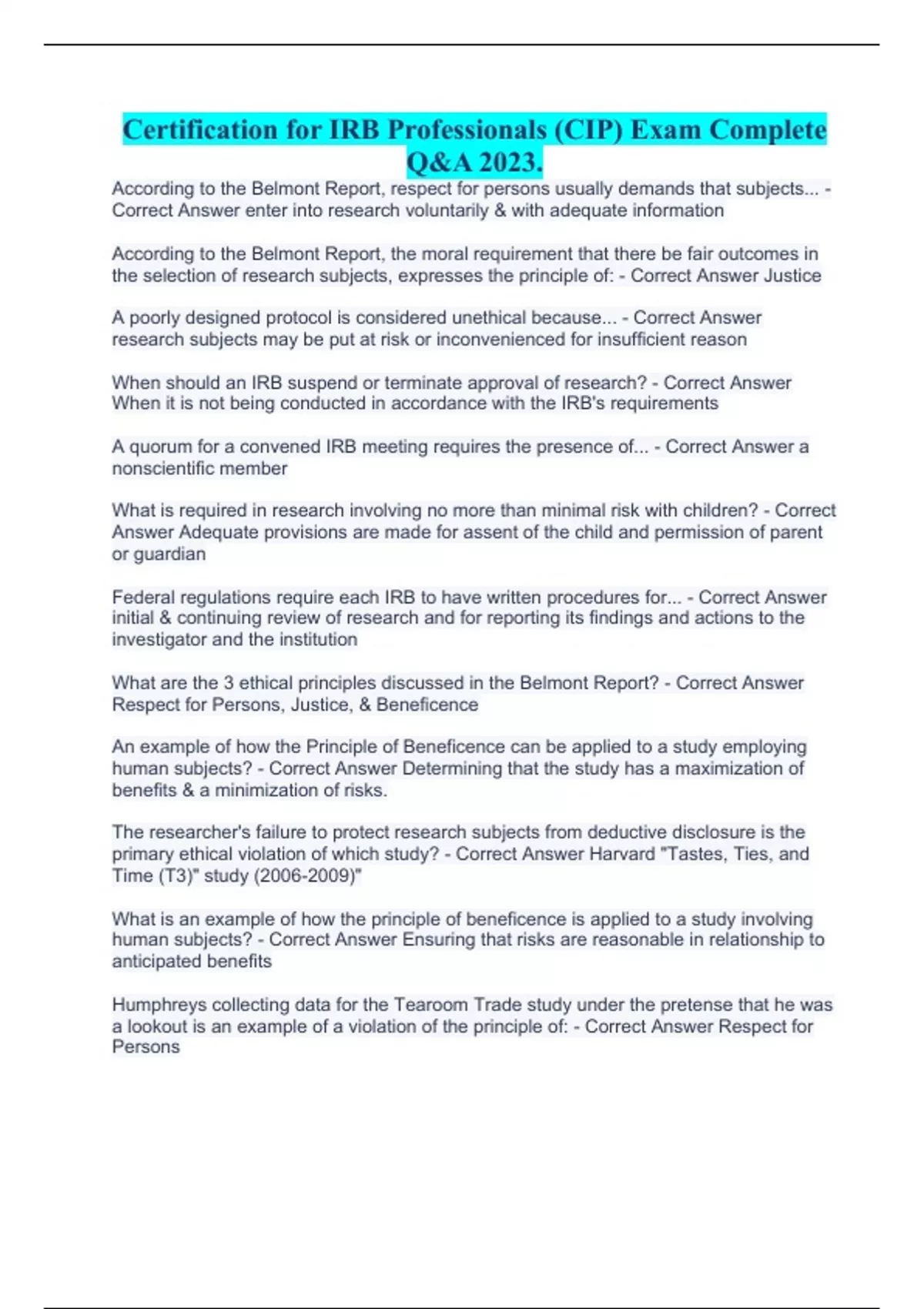 Certification for I,RB Professionals (CIP) Exam and Study Questions with Complete Solutions 2023 ...