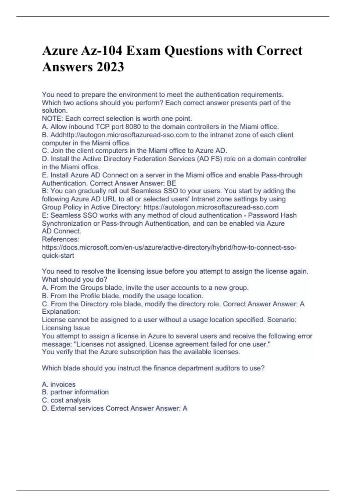 Azure Az-104 Exam Questions with Correct Answers 2023 - Azure Az-104 ...