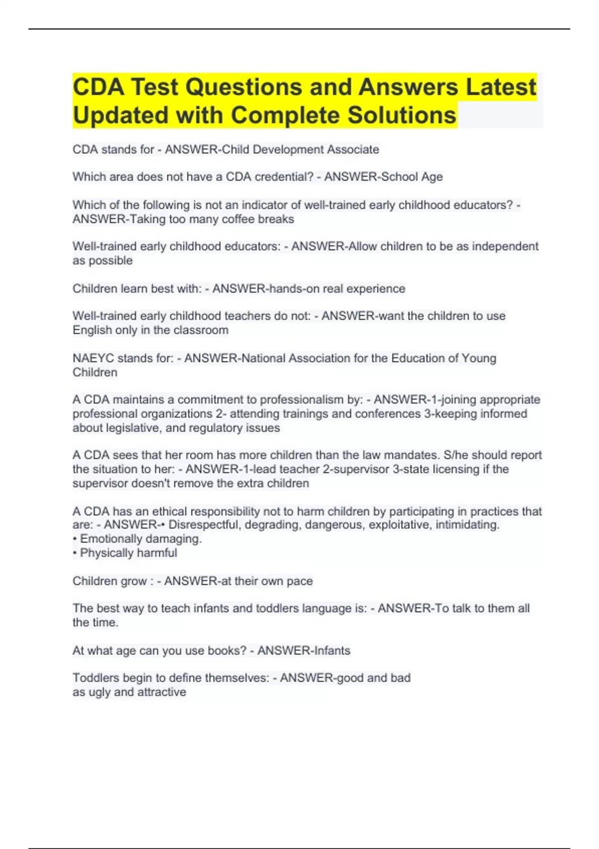 CDA Test Questions and Answers Latest Updated with Complete Solutions ...