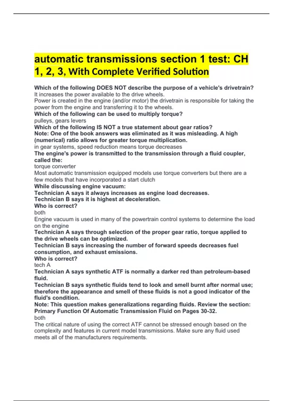 automatic transmissions section 1 test: CH 1, 2, 3, With Complete ...