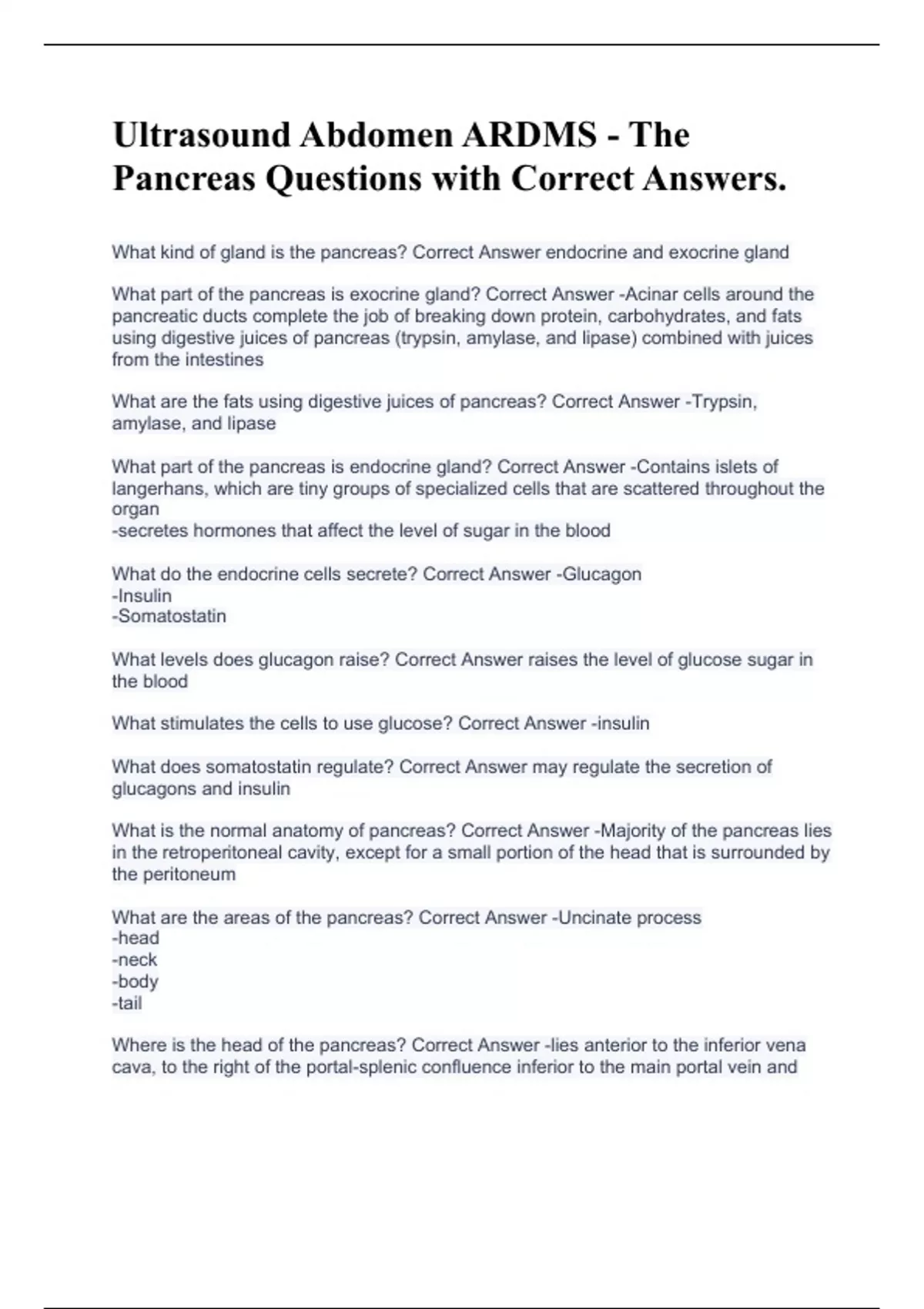 Ultrasound Abdomen ARDMS - The Pancreas Questions with Correct Answers ...