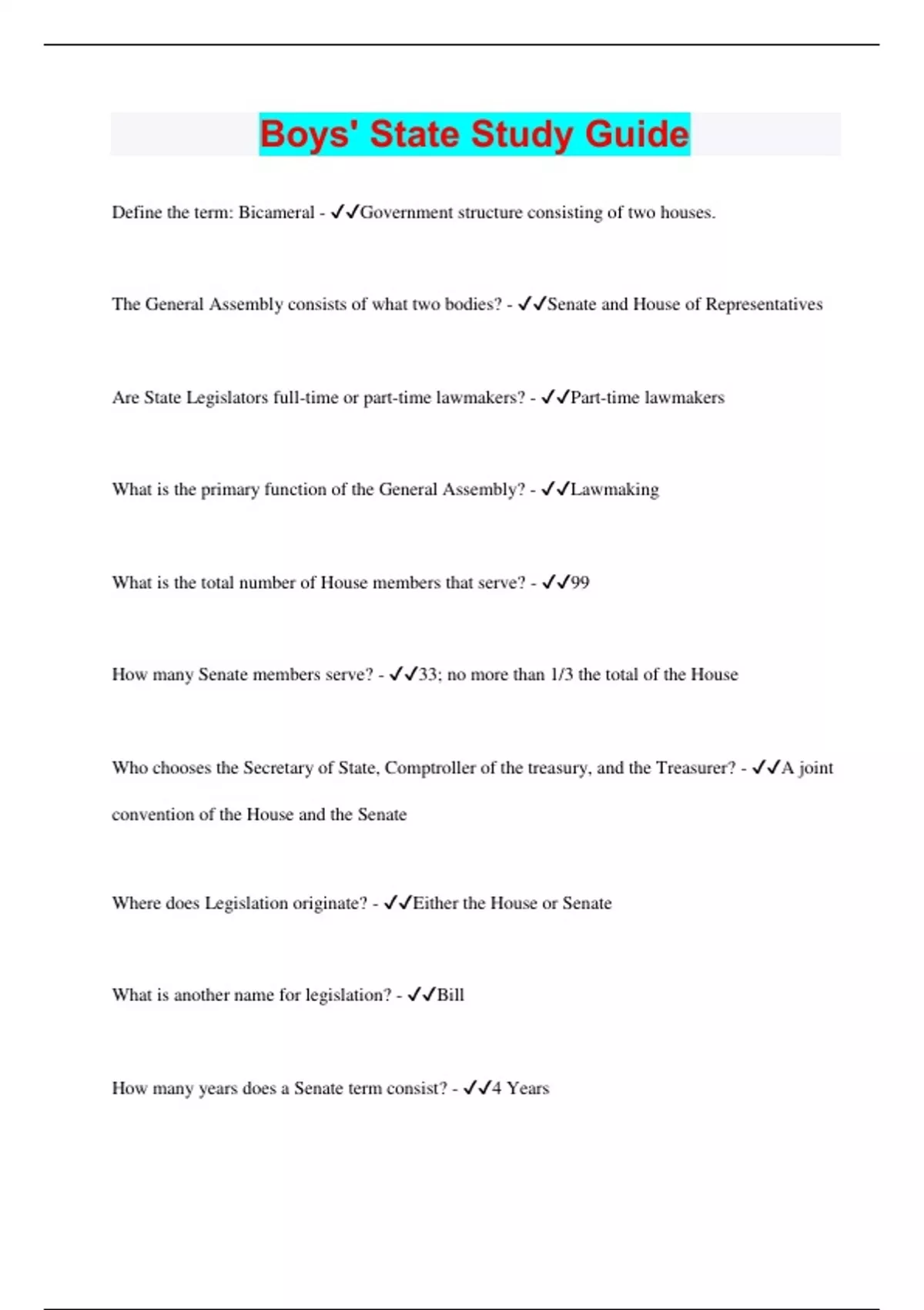 Boys' State Study Guide | 2023 | 63 Questions with 100% Correct Answers ...