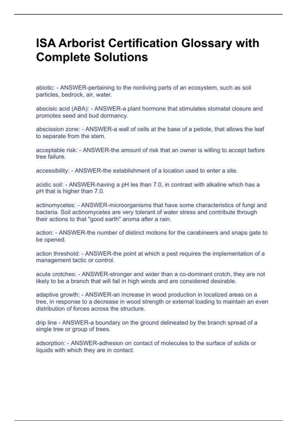 ISA Arborist Certification Glossary with Complete Solutions - ISA ...