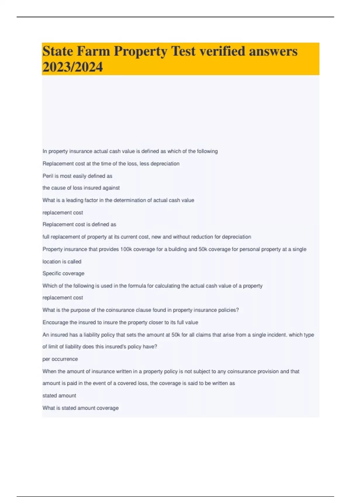 State Farm Property Test verified answers 2023/2024 - State Farm ...