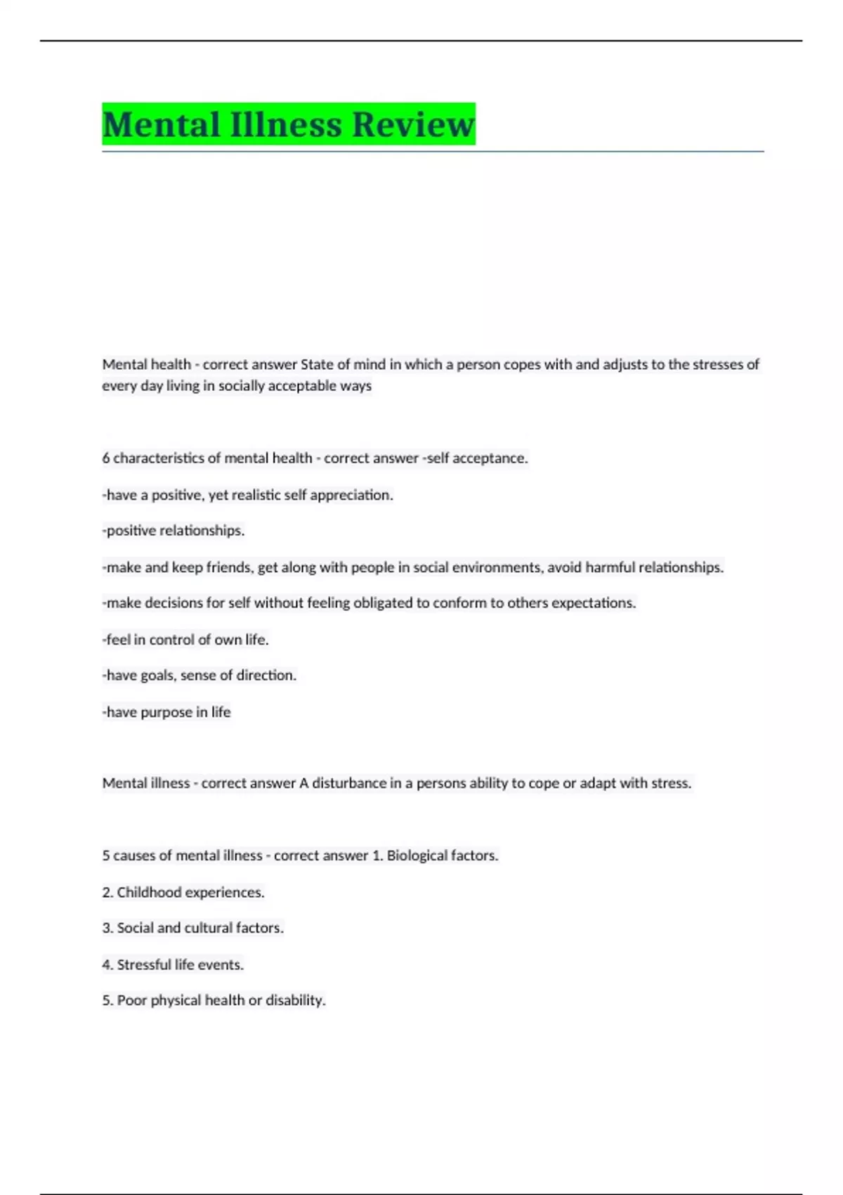Mental Illness Review with correct answers - Mental health - Stuvia US