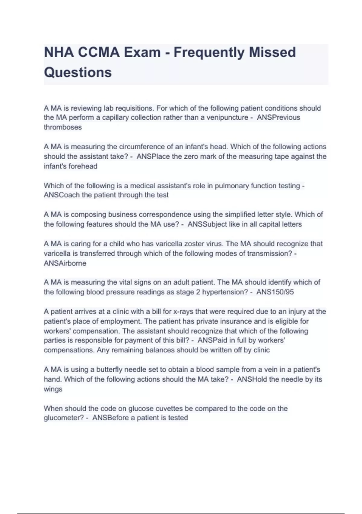 NHA CCMA Exam - Frequently Missed Questions & Answers 2023 ( A+ GRADED ...