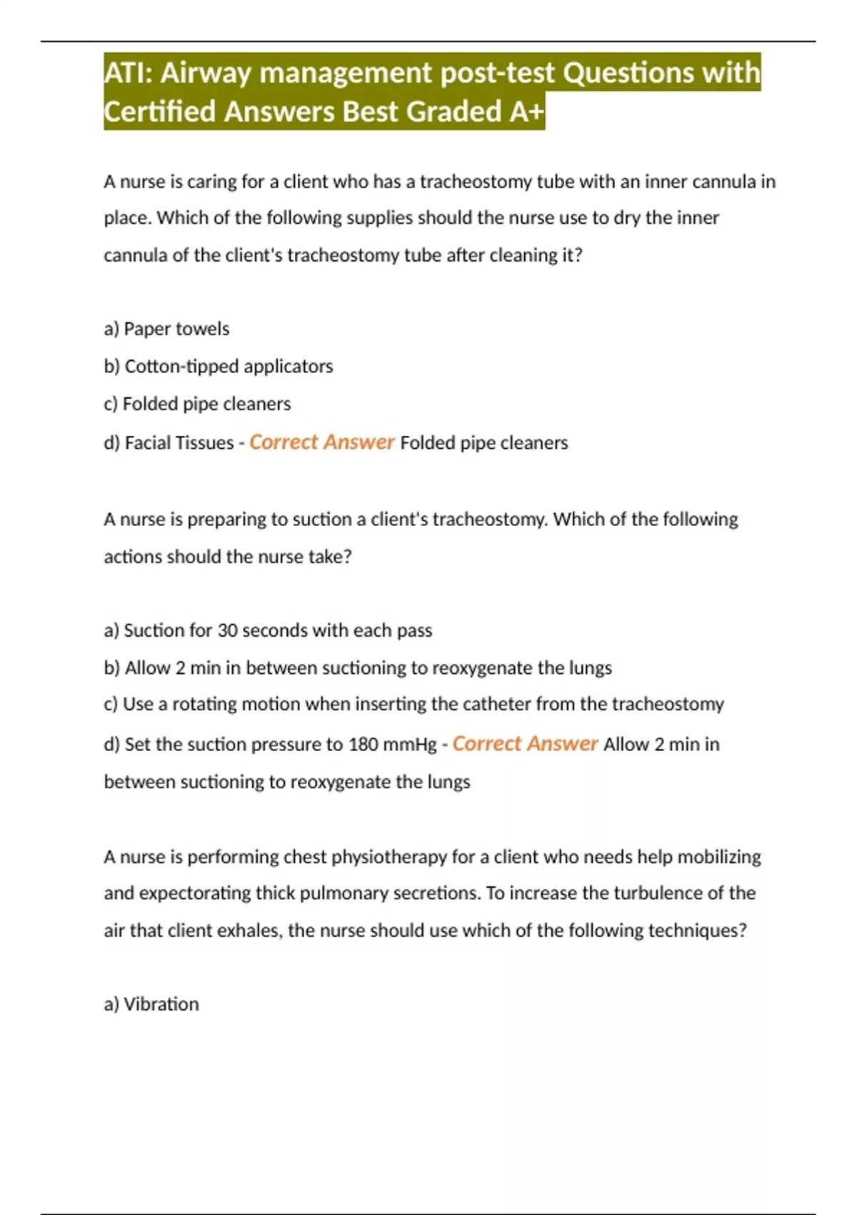 ATI: Airway management post-test Questions with Certified Answers Best ...