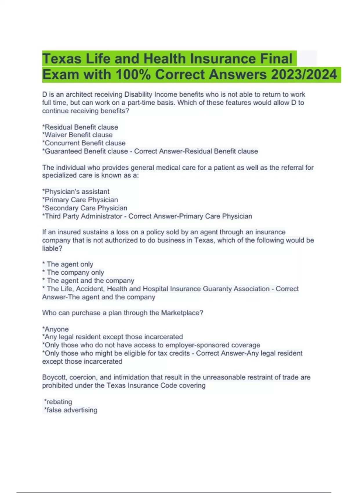 Texas Life and Health Insurance Final Exam Questions With Answers 2023/ ...