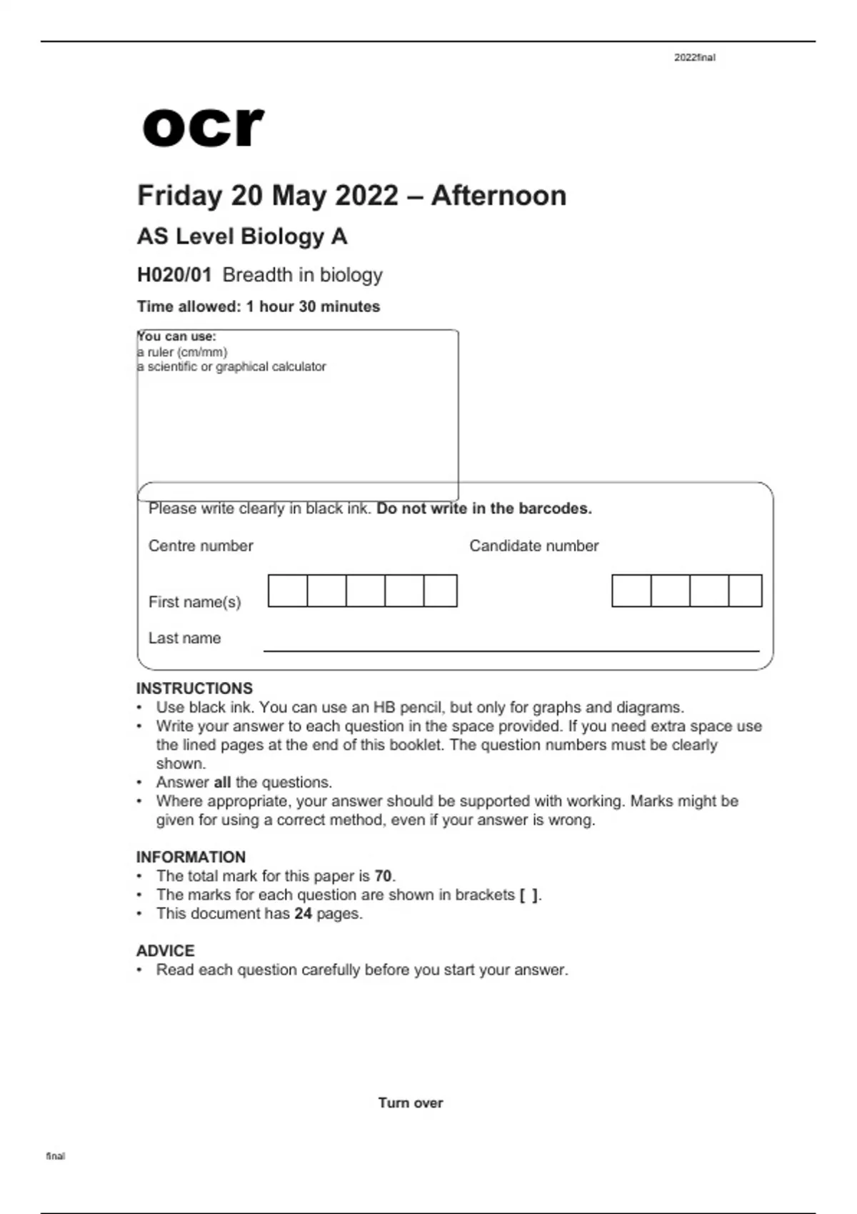 ocr AS Level Biology A (H020/01) May2022 Question Paper - AS Level ...