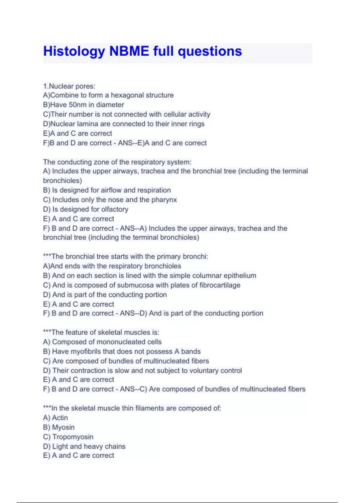 Histology NBME full questions 2023 A+ Q&A - Histology NBME full - Stuvia US
