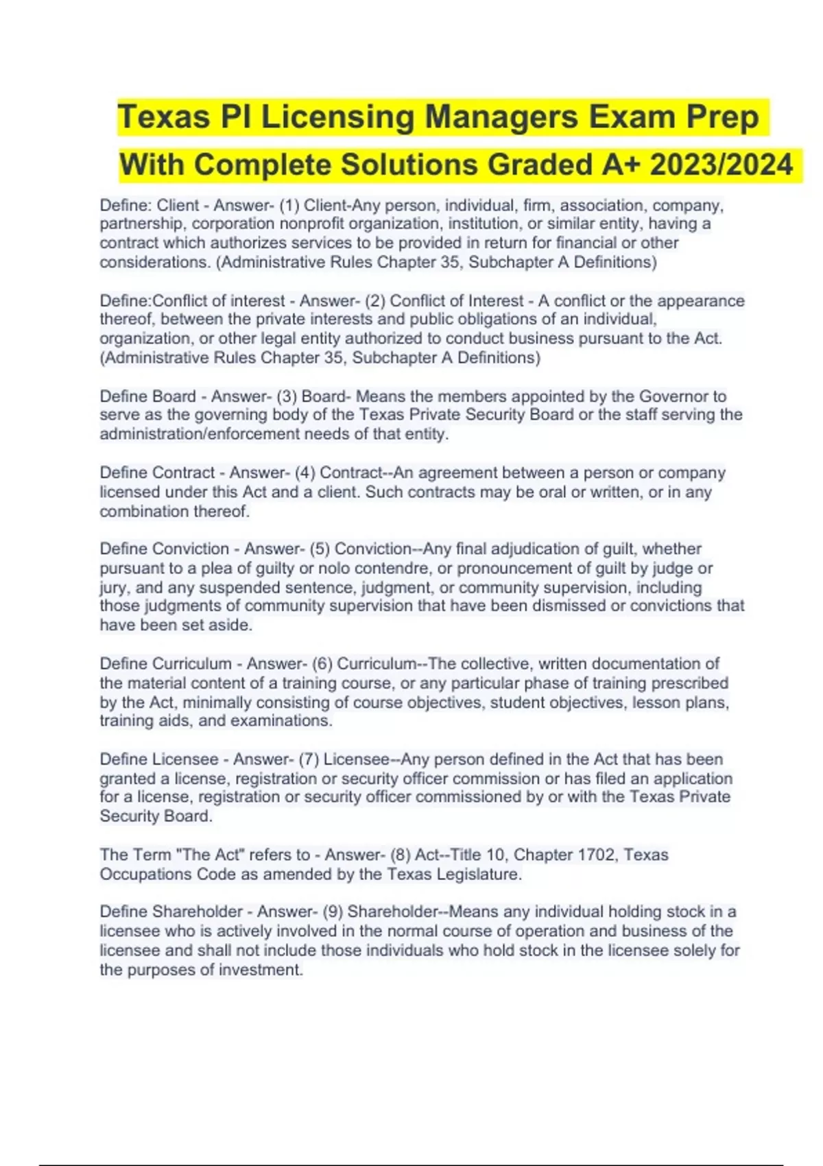 Texas PI Licensing Managers Exam Practice Questions With Complete ...