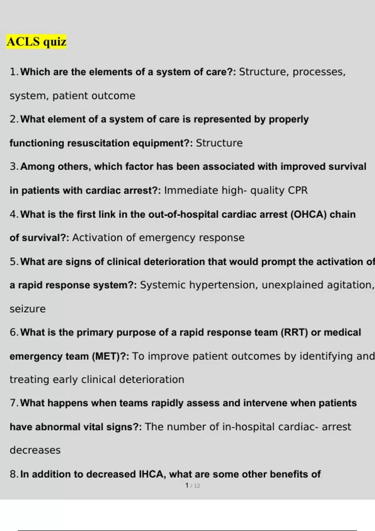 2023 ACLS quiz Questions and Answers Latest (2023 / 2024) (Verified ...