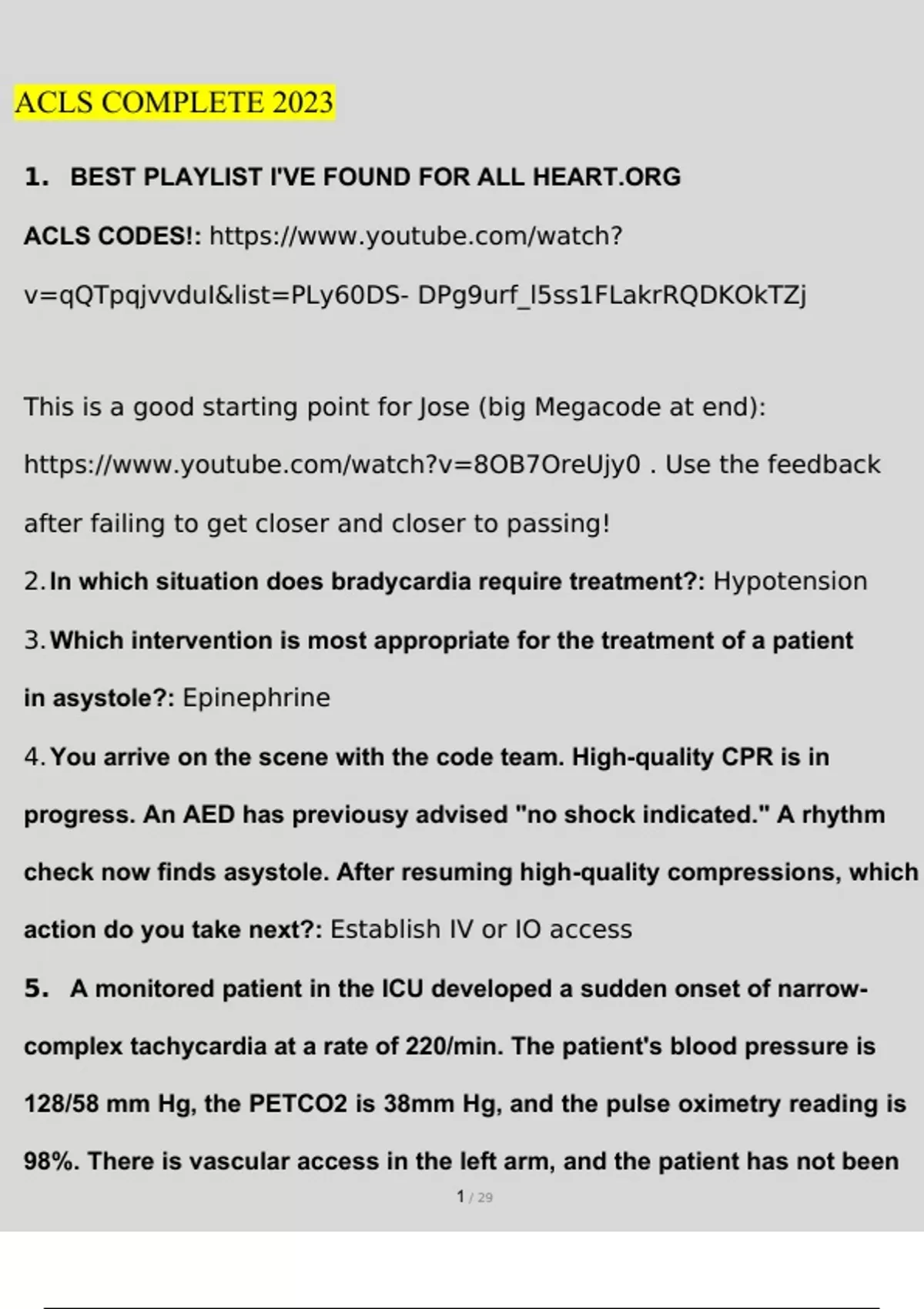 ACLS COMPLETE 2023 Questions and Answers Latest (2023 / 2024) (Verified ...