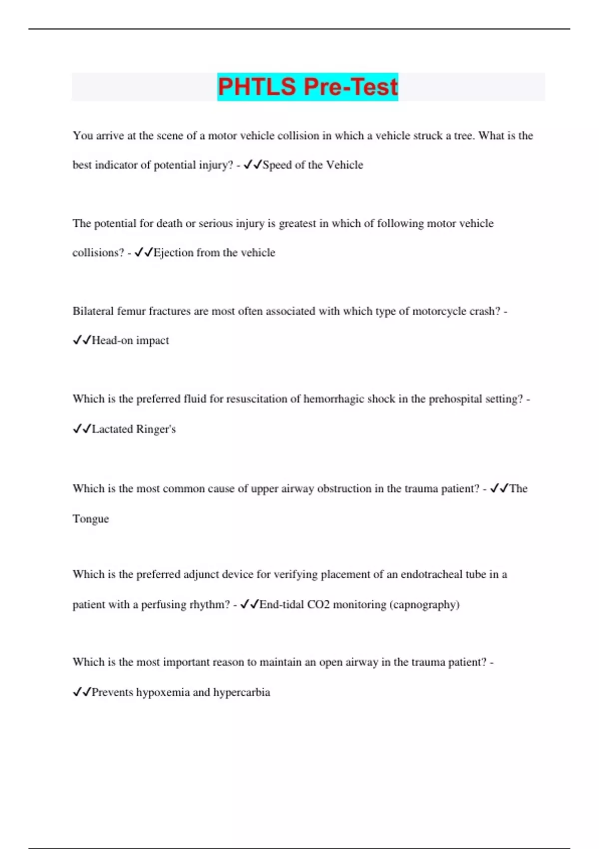 PHTLS Pre-Test | 2023 | Questions with 100% Correct Answers | Updated ...