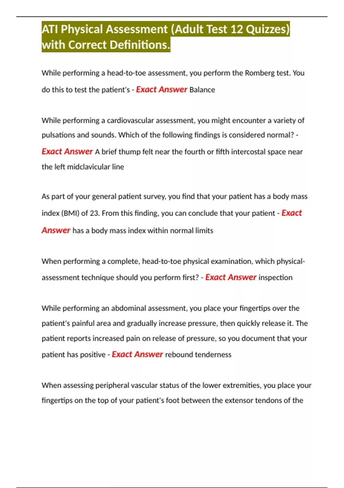 ATI Physical Assessment (Adult Test 12 Quizzes) with Correct ...