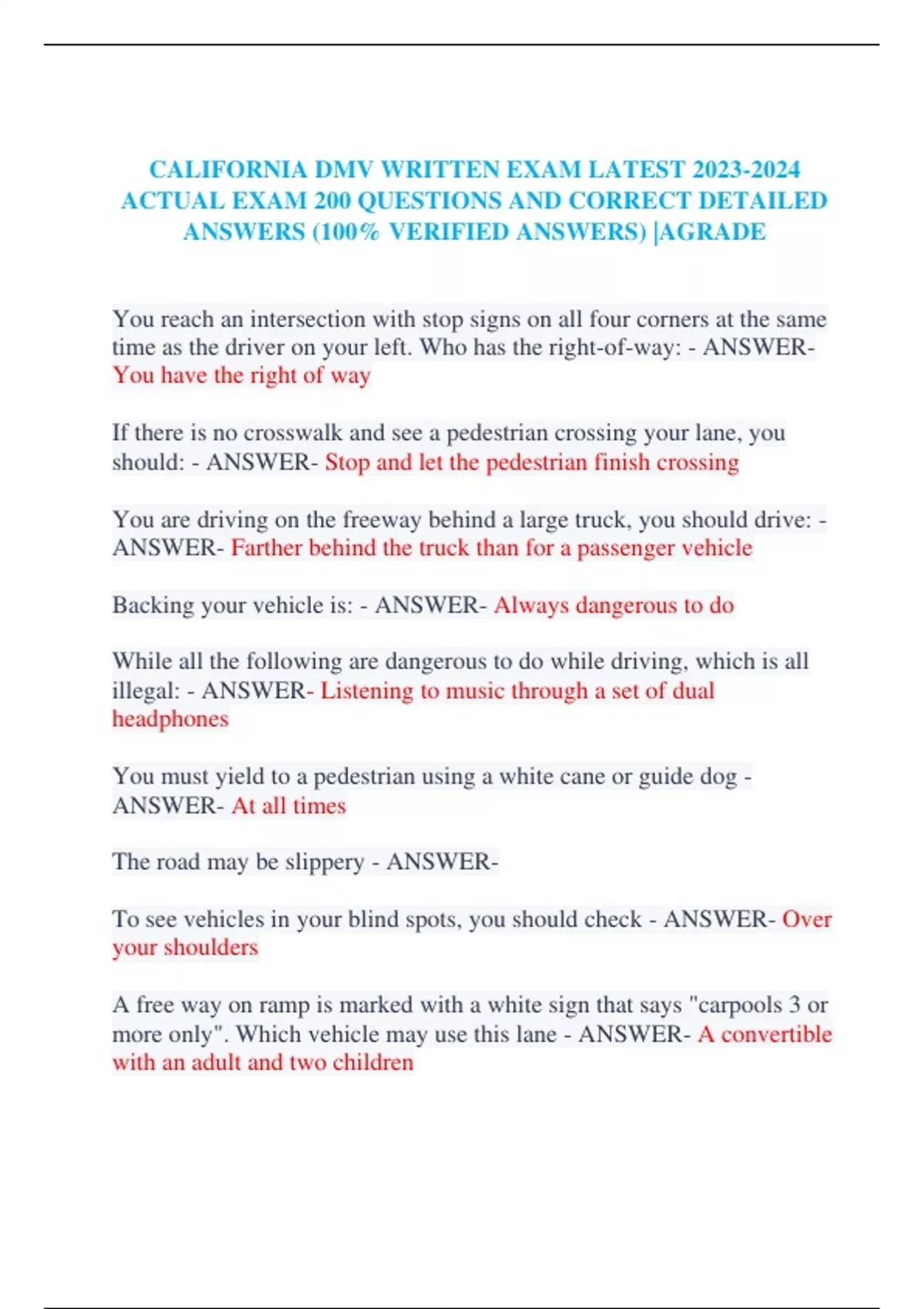 CALIFORNIA DMV WRITTEN EXAM LATEST ACTUAL EXAM 200 QUESTIONS AND ...