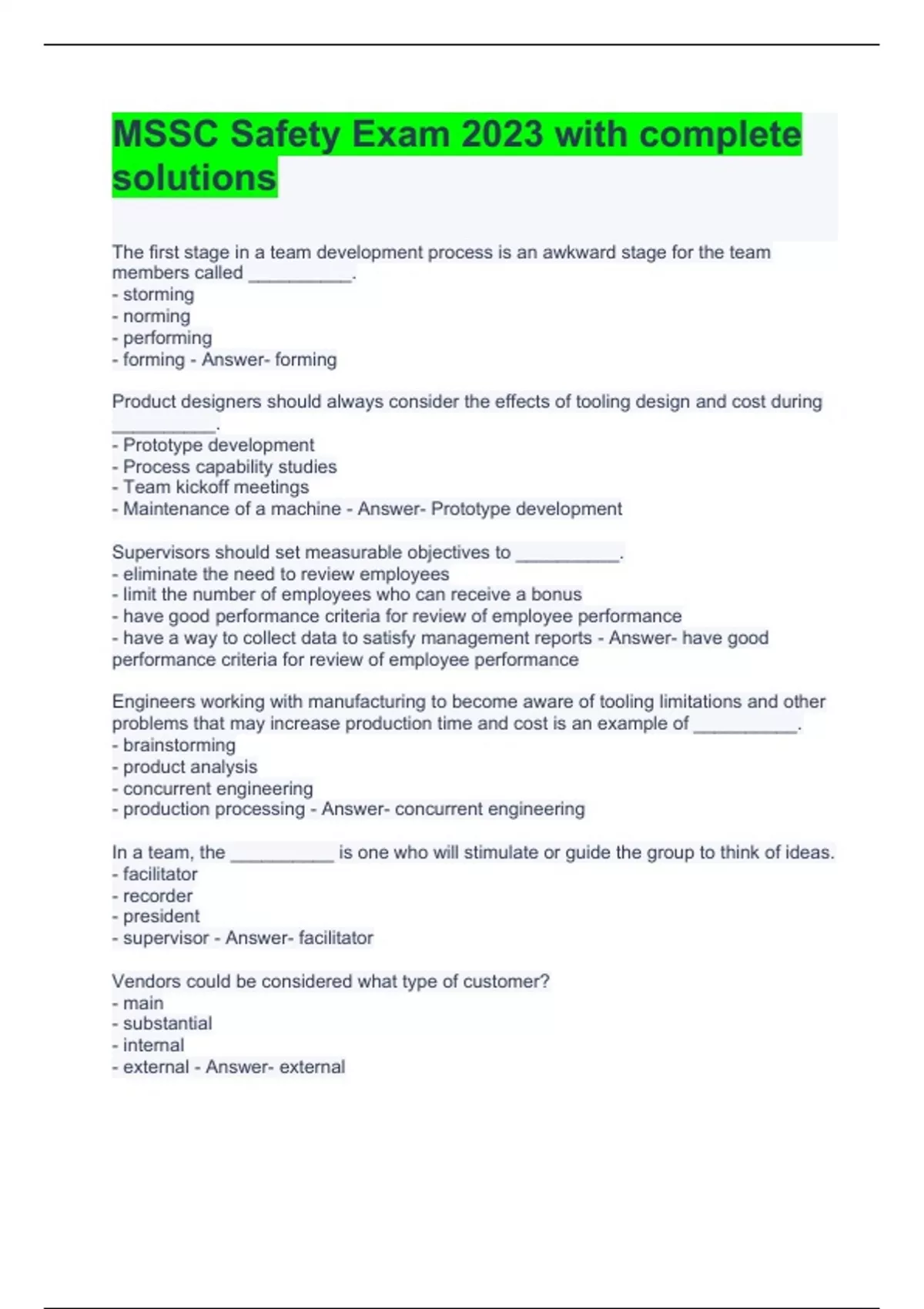 MSSC Safety Exam 2023 with complete solutions - MSSC Safety - Stuvia US