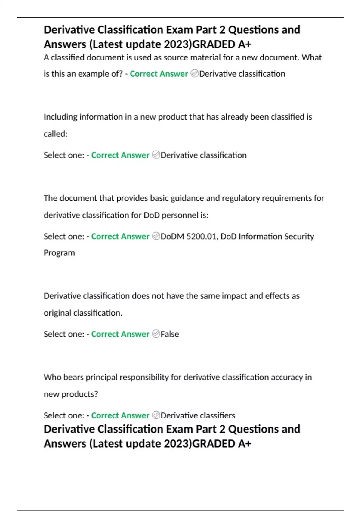 Derivative Classification Exam Part 2 Questions and Answers (Latest ...