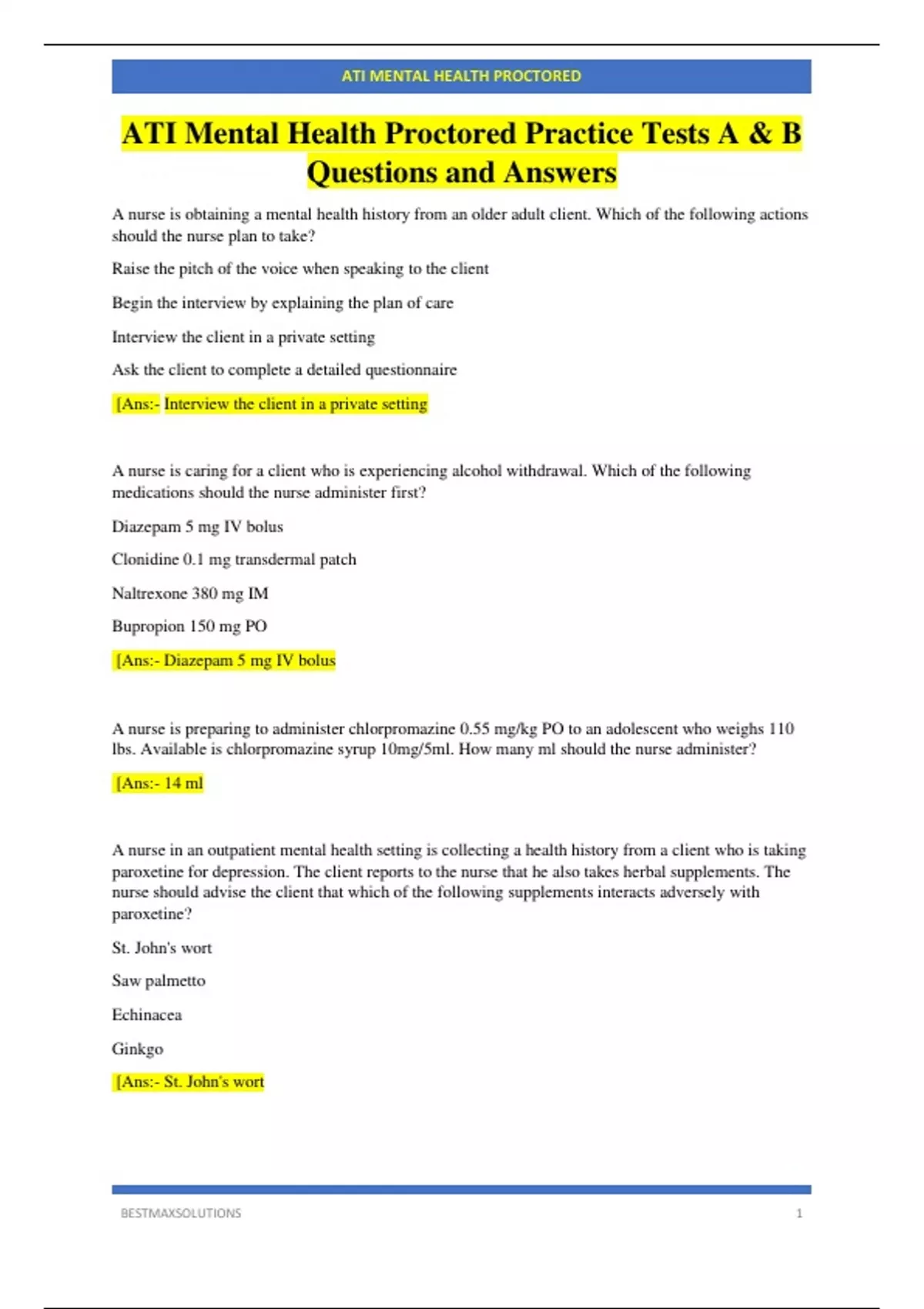 ATI Mental Health Proctored Practice Tests A & B Questions and Answers ...