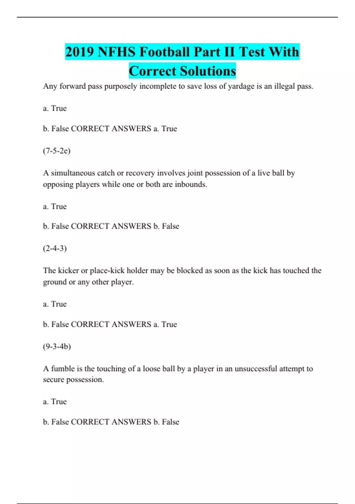2019 NFHS Football Part II Test With Correct Solutions - NFHS FOOTBALL ...