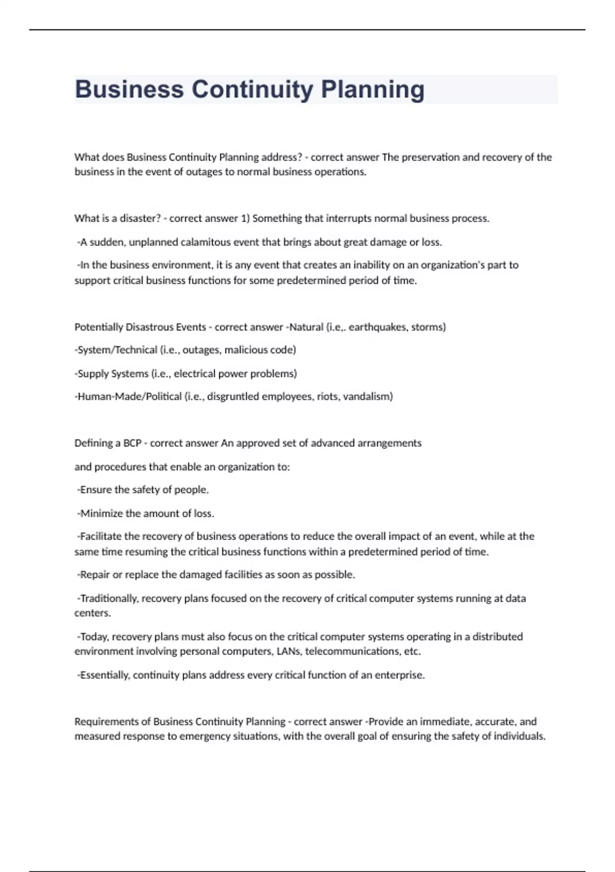 Business Continuity Planning fully solved 2023 - BCP - Stuvia US