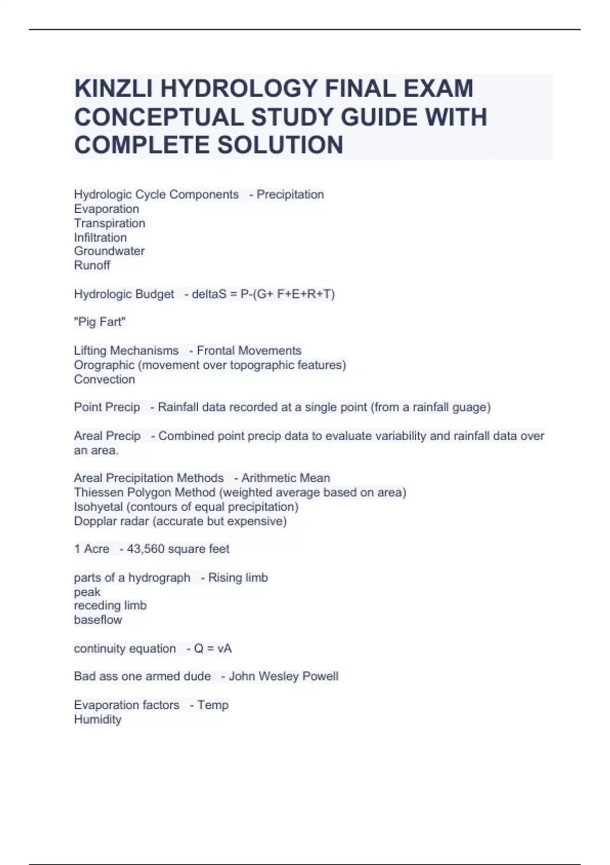 KINZLI HYDROLOGY FINAL EXAM CONCEPTUAL STUDY GUIDE WITH COMPLETE ...
