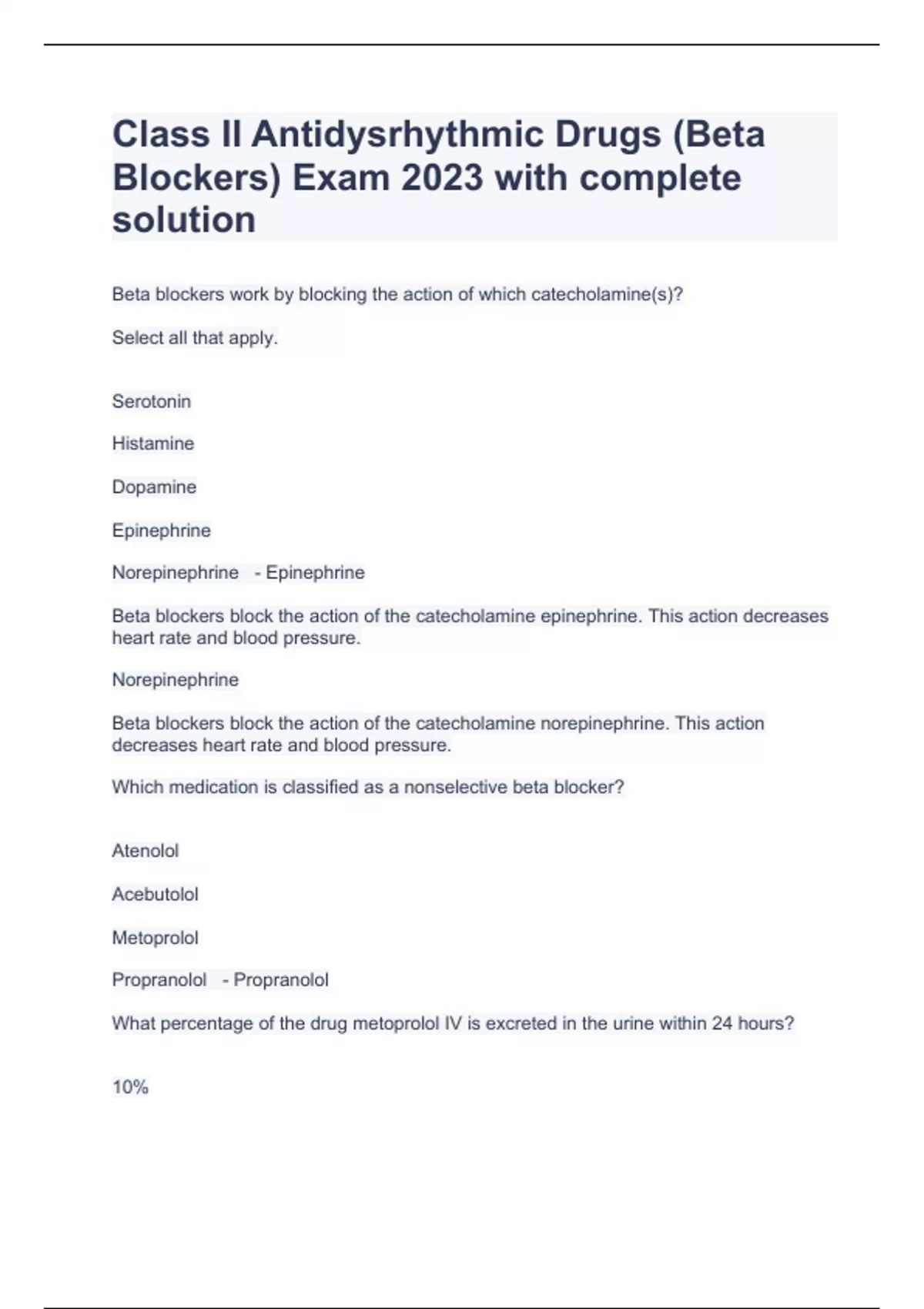 Class II Antidysrhythmic Drugs (Beta Blockers) Exam 2023 with complete ...