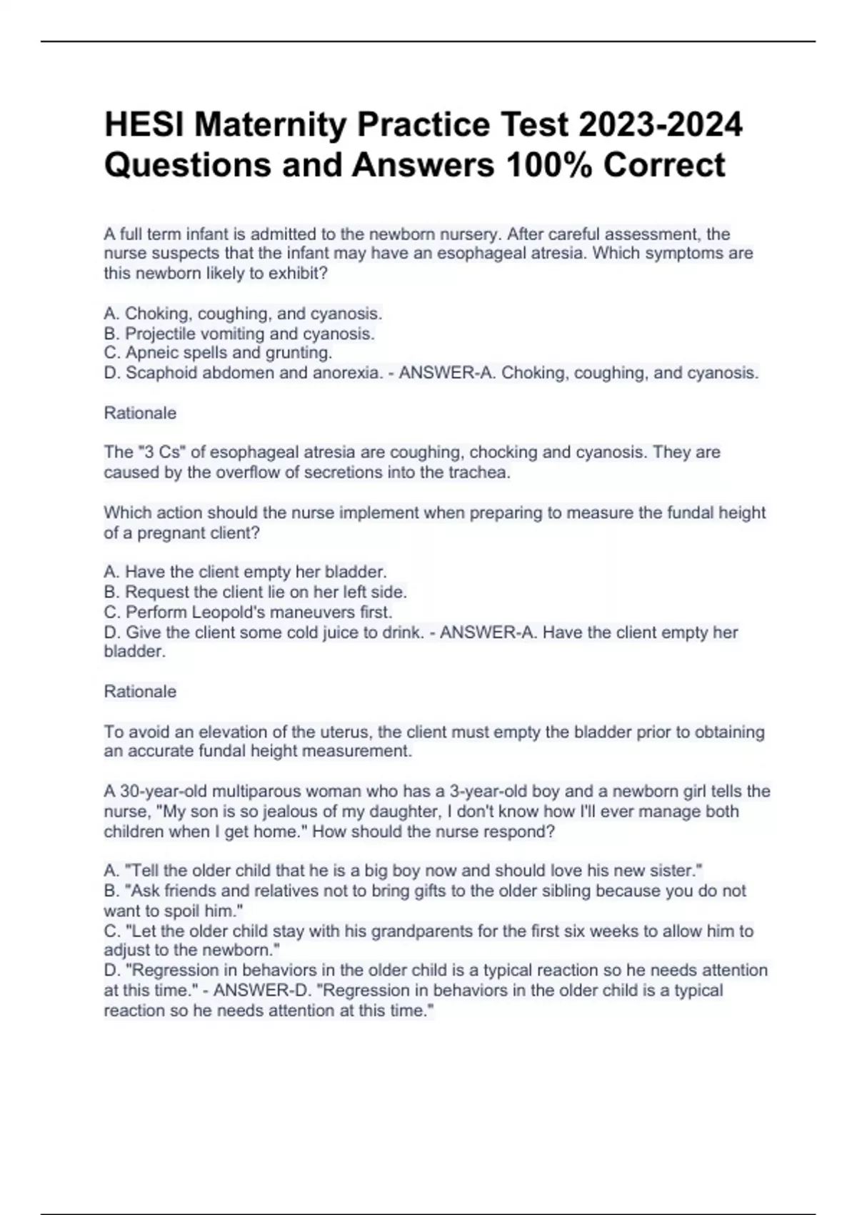 HESI Maternity Practice Test Questions and Answers 100% Correct - HESI ...