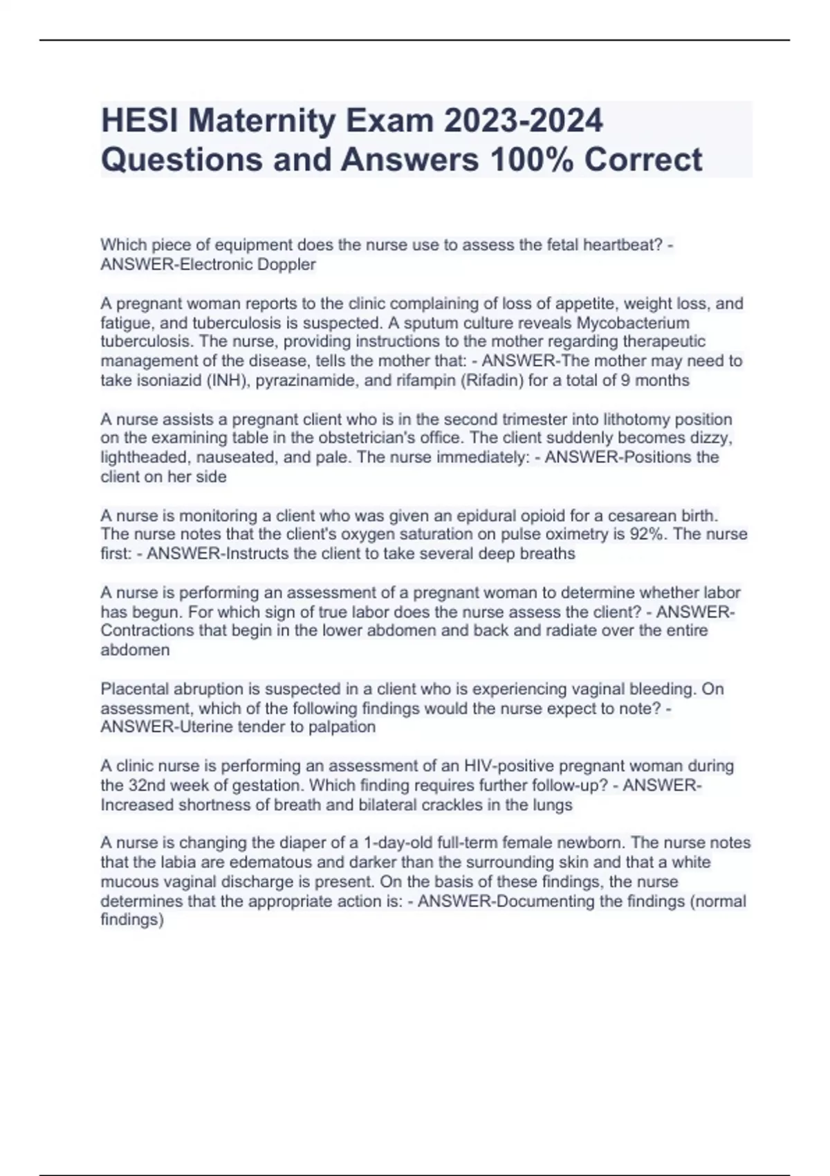 HESI Maternity Exam Questions and Answers 100% Correct - HESI Maternity ...