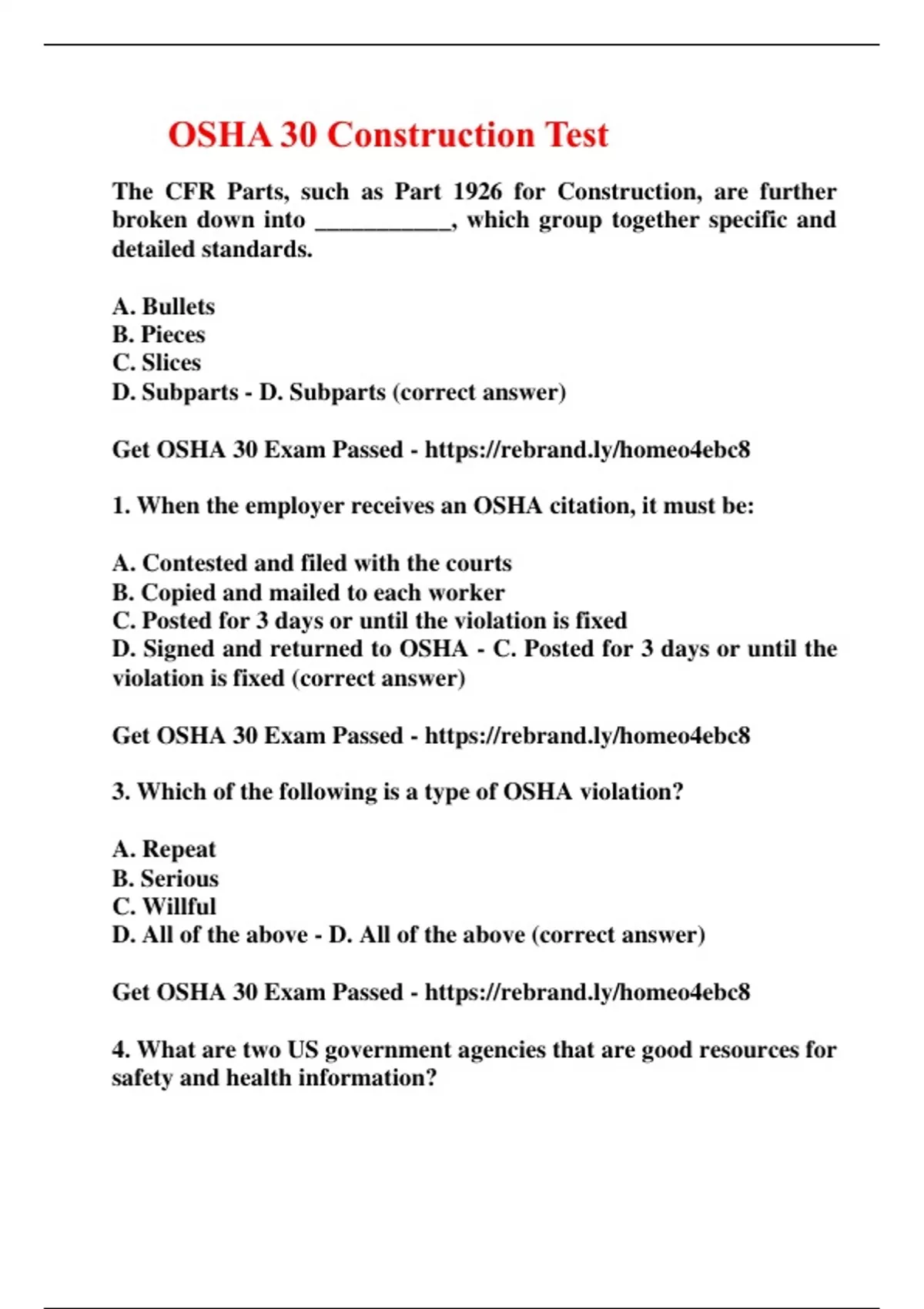 OSHA 30 Construction Test - Osha 30 - Stuvia US