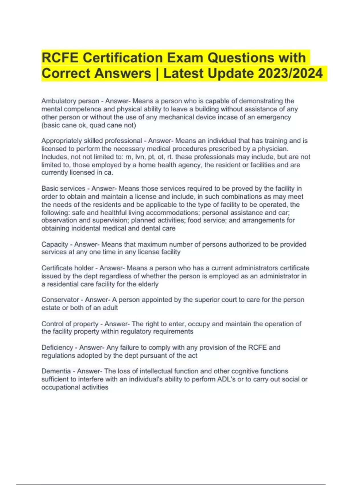 RCFE Exam Questions with Correct Answers 2023/2024 | Latest Update ...