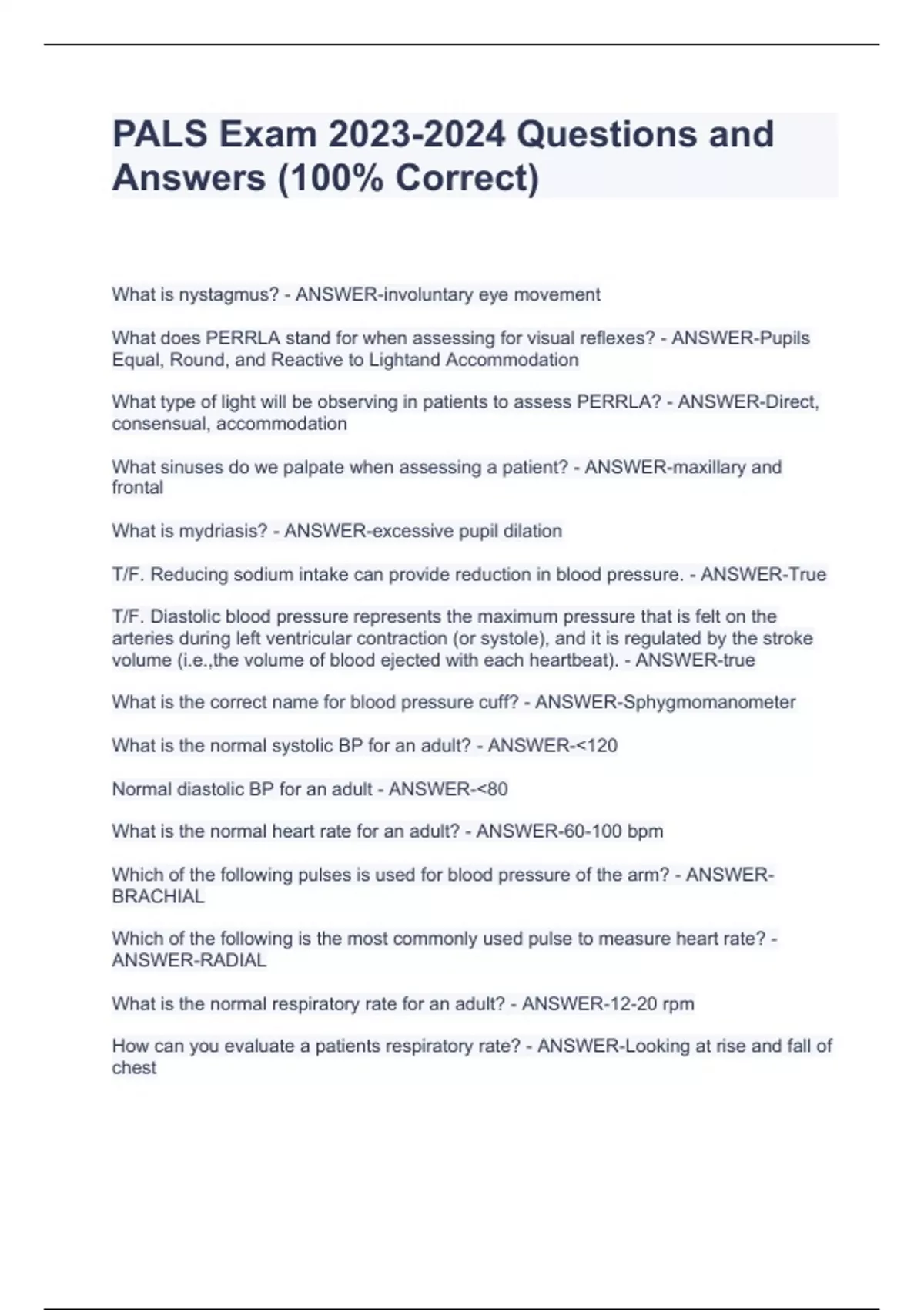 PALS Exam Questions and Answers (100% Correct) - Pals - Stuvia US