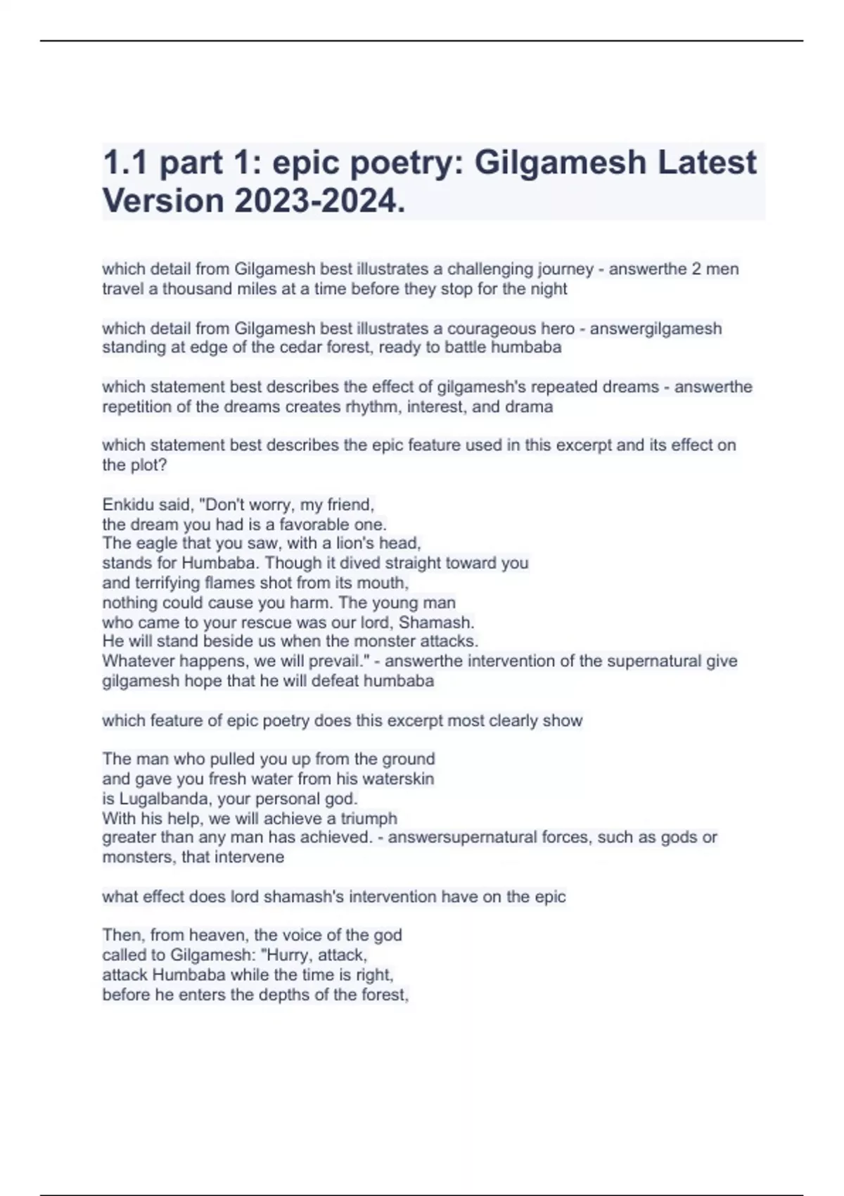 1.1 part 1: epic poetry: Gilgamesh Latest Version . - Epic - Stuvia US