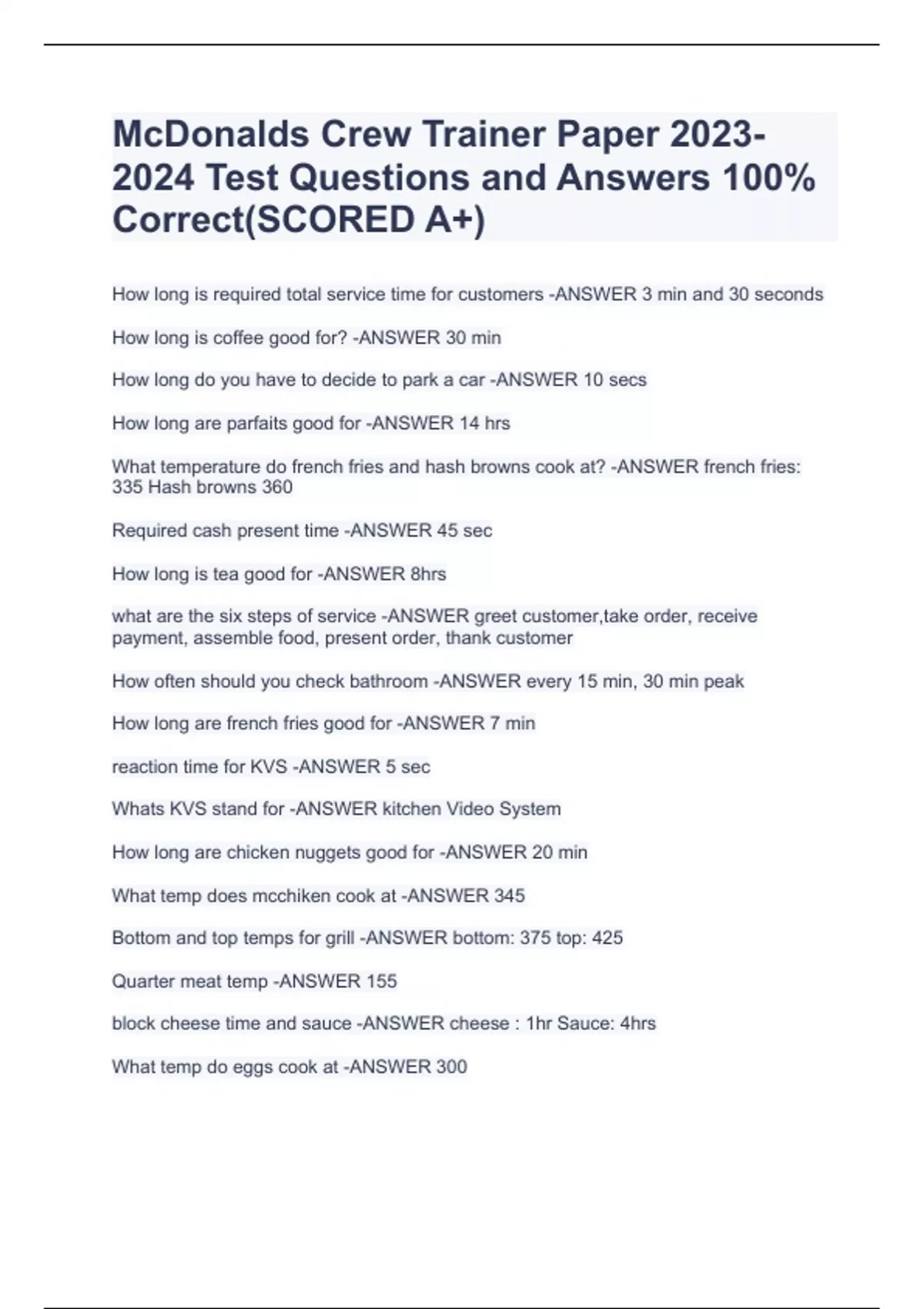 McDonalds Crew Trainer Paper Test Questions and Answers 100% Correct ...