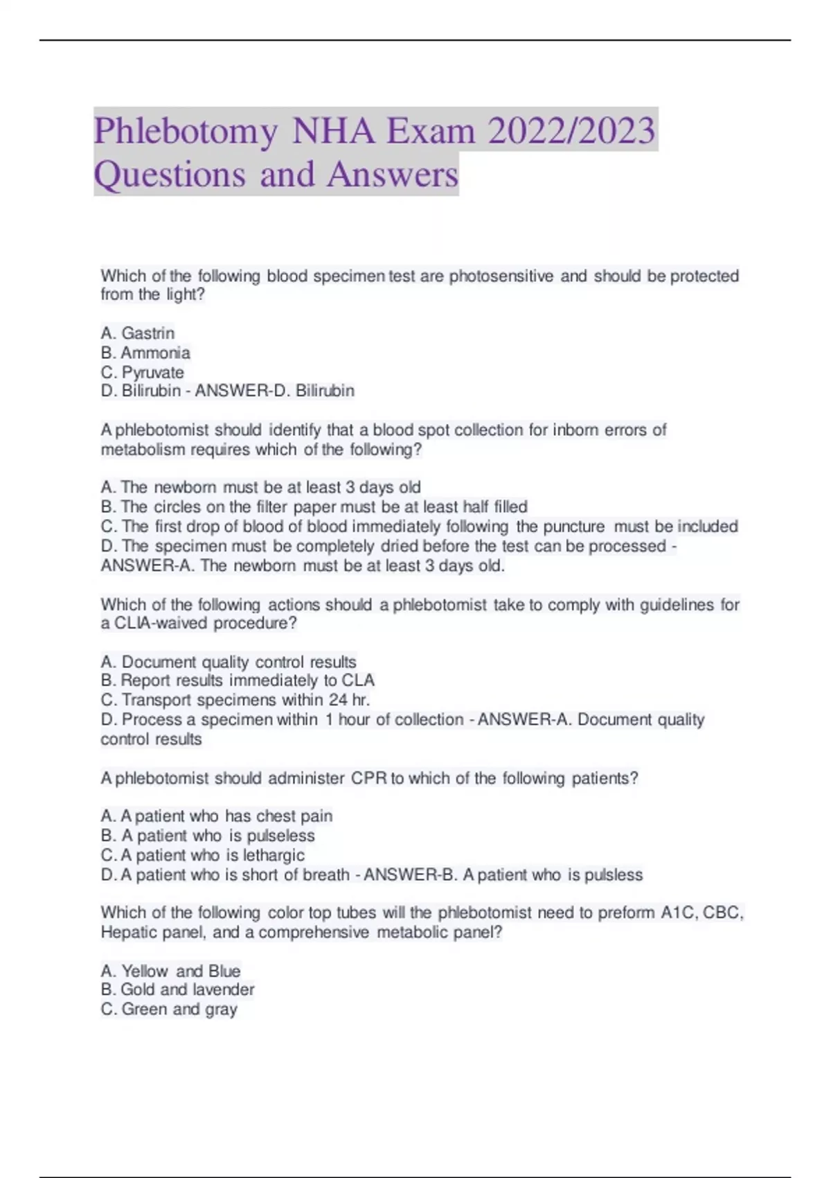 Phlebotomy NHA Exam 2022/2023 Questions and Answers - Phlebotomy NHA - Stuvia US